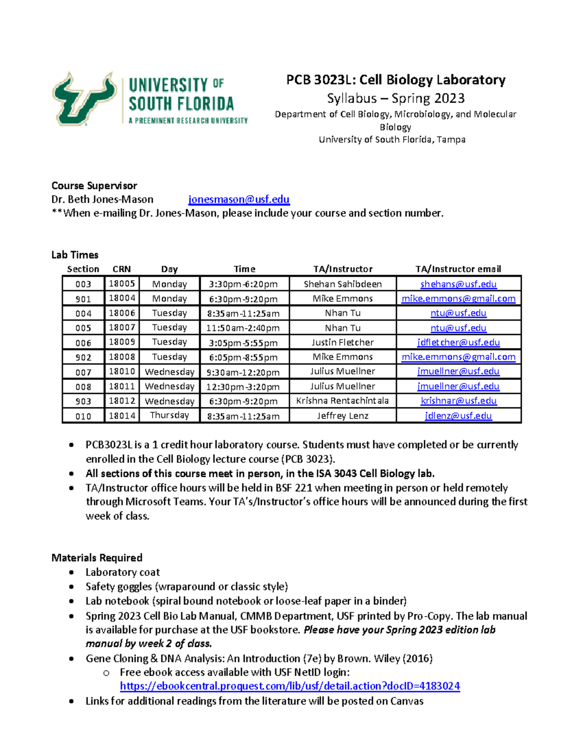 PCB3023L Cell Bio Lab Spring 2023 Syllabus-1 - PCB 3023L: Cell Biology Laboratory Syllabus ...