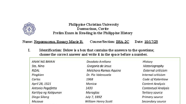 RPH- Prelim 2526 - Reviewer for Philippine History Exam - Studocu