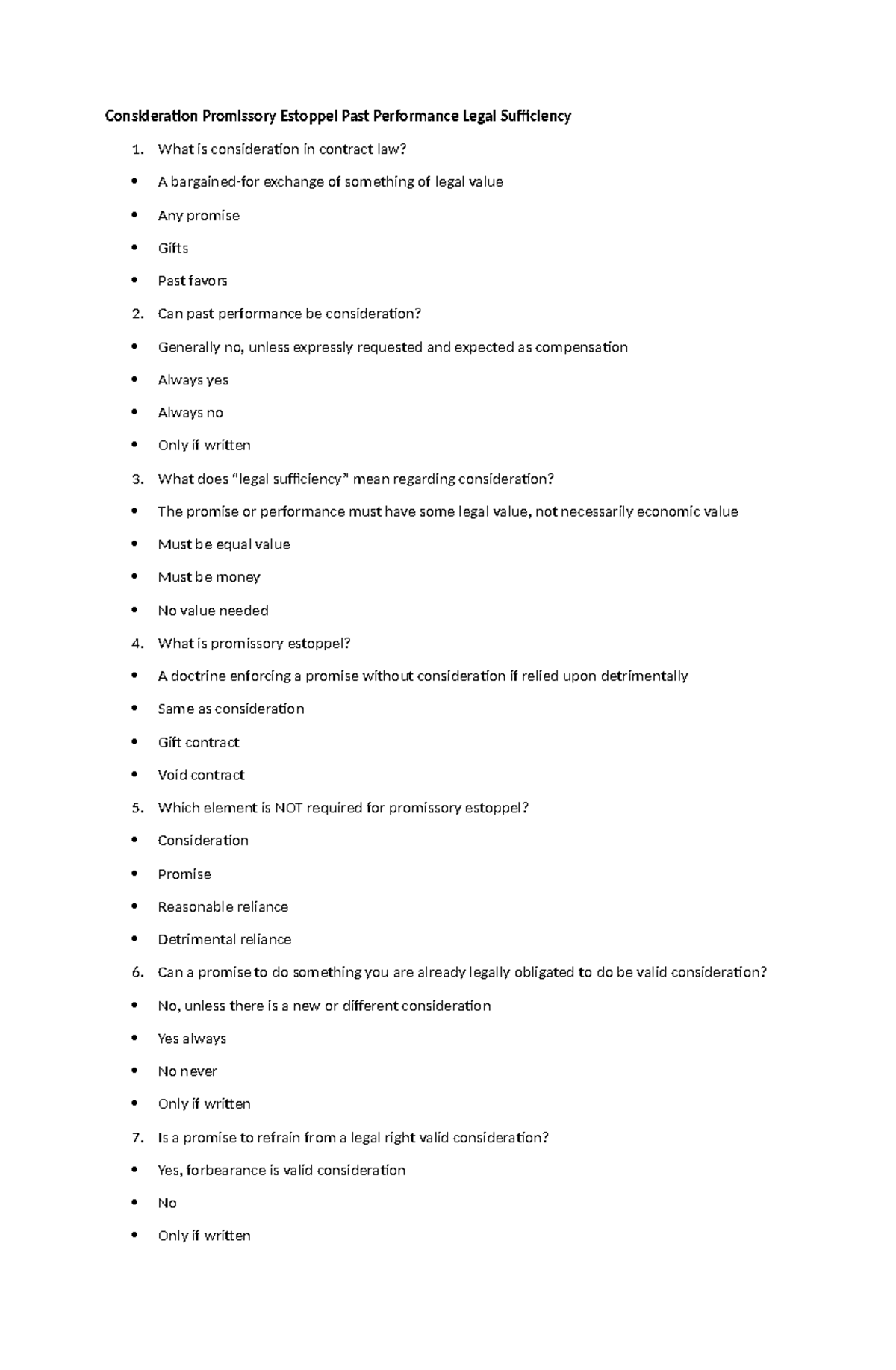 Consideration & Promissory Estoppel: Legal Sufficiency Overview - Studocu