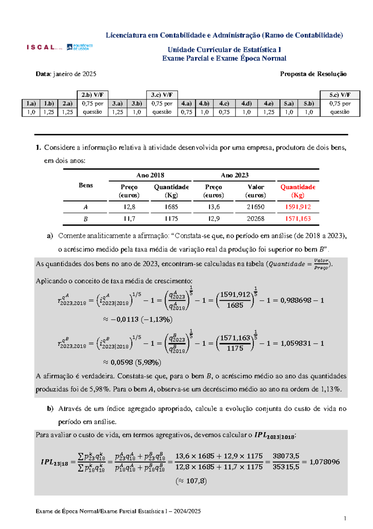Resolução do Exame Parcial de Estatística I - VF 2024/2025 - Studocu