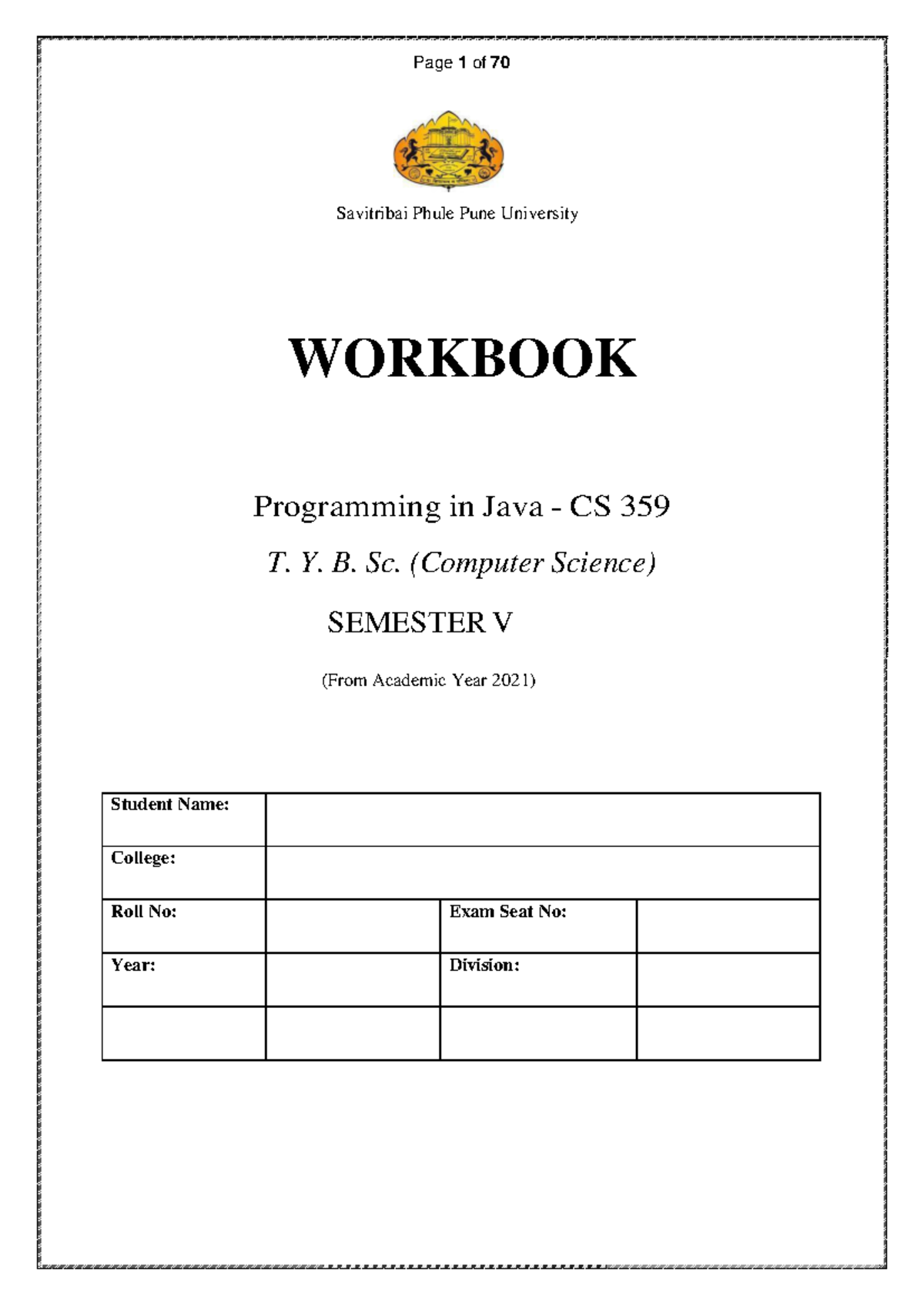 T.Y.B.Sc. (CS) SEM V Core JAVA Lab Workbook 2020-21 - Studocu