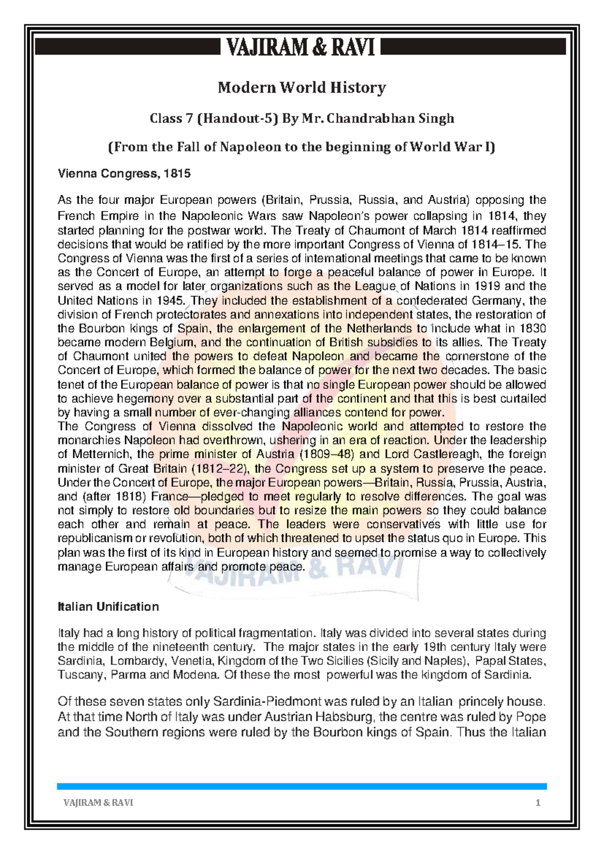 Modern World History Class 7: From Napoleon to WWI Overview - Studocu