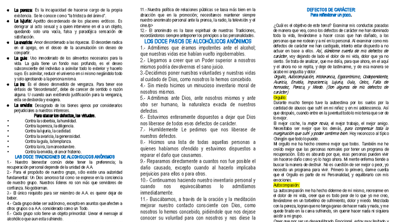 Defectos de Carácter en el Proceso de Recuperación: AA - Studocu