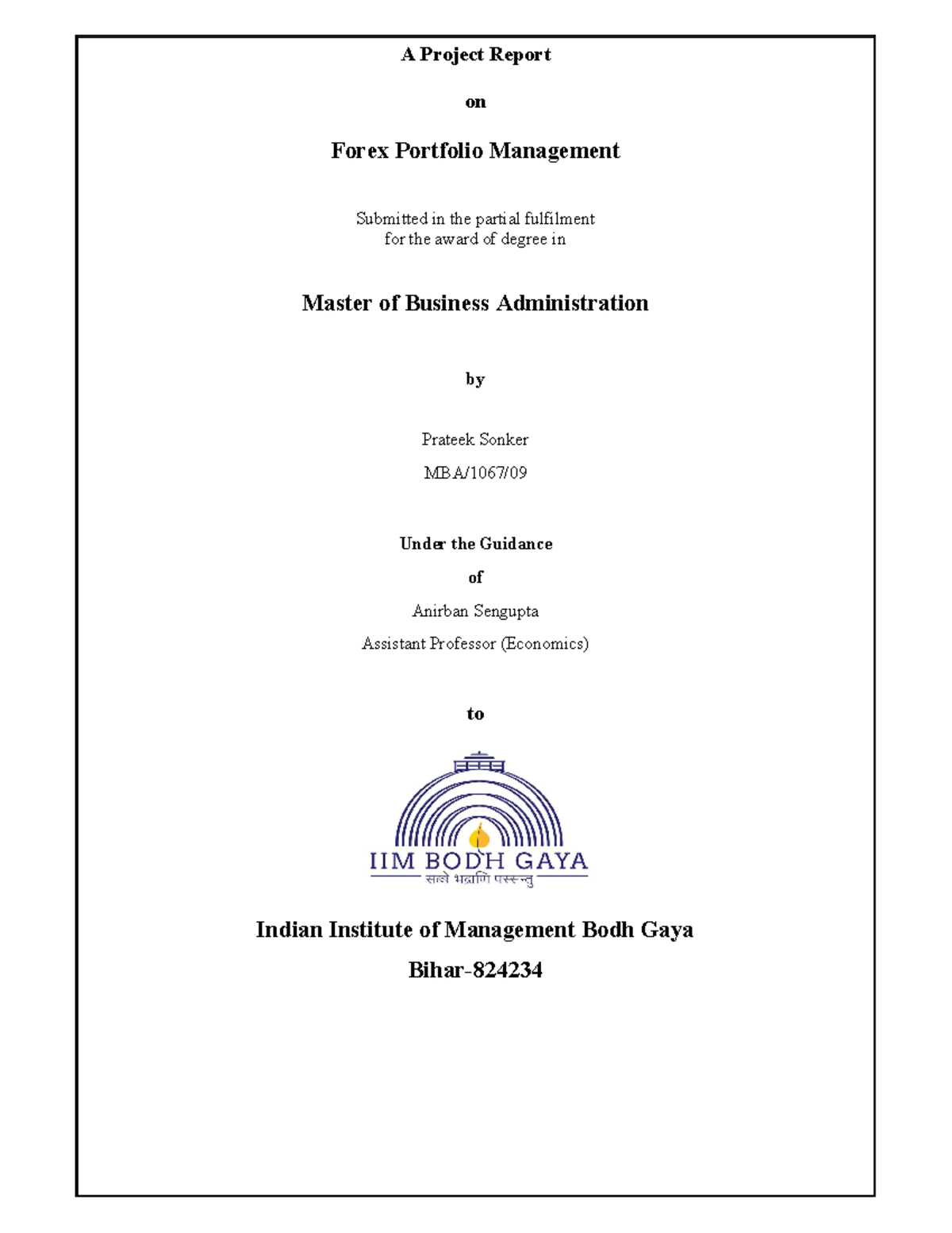 MBA 1067 Forex Portfolio Management Final Report by Prateek Sonker ...