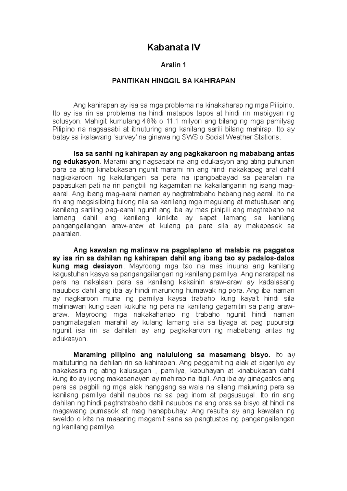 Kabanata IV: Aralin sa Panitikan Hinggil sa Kahirapan at Kalupitan ...