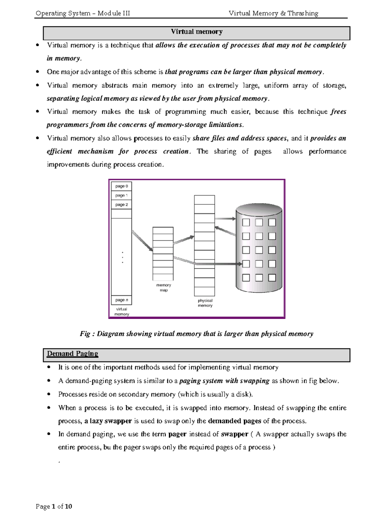 OS Module III - Virtual Memory, Demand Paging & Thrashing Notes - Studocu