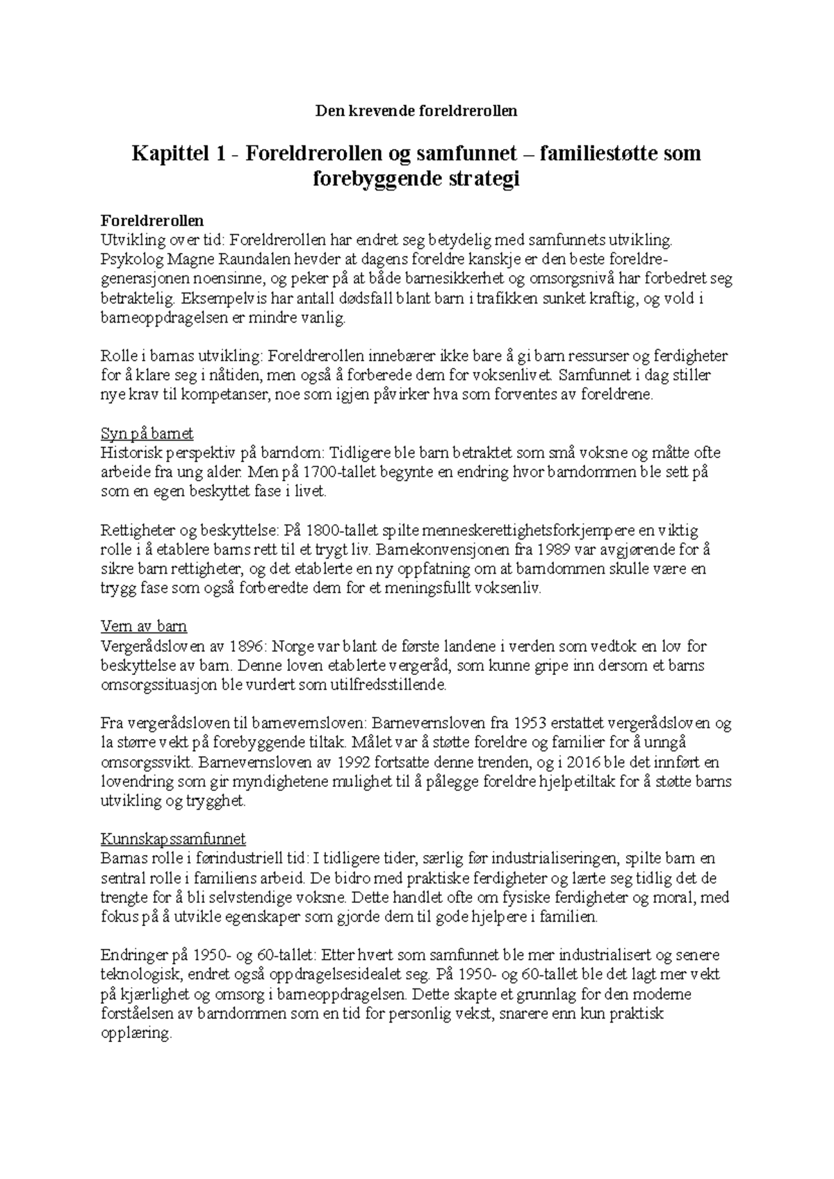 Den krevende foreldrerollen - Kapittel 1: Samfunn og støtte - Studocu