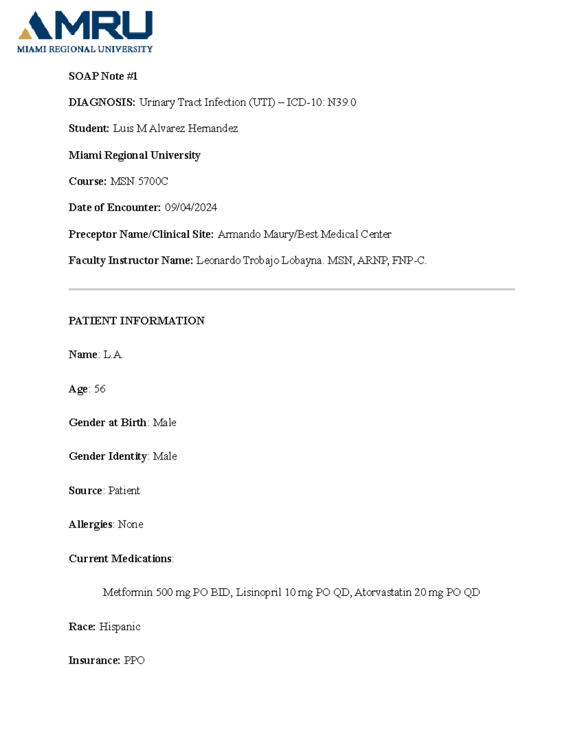 SOAP Note - Urinary Tract Infection (UTI) Case Study 21-LA9643 - Studocu
