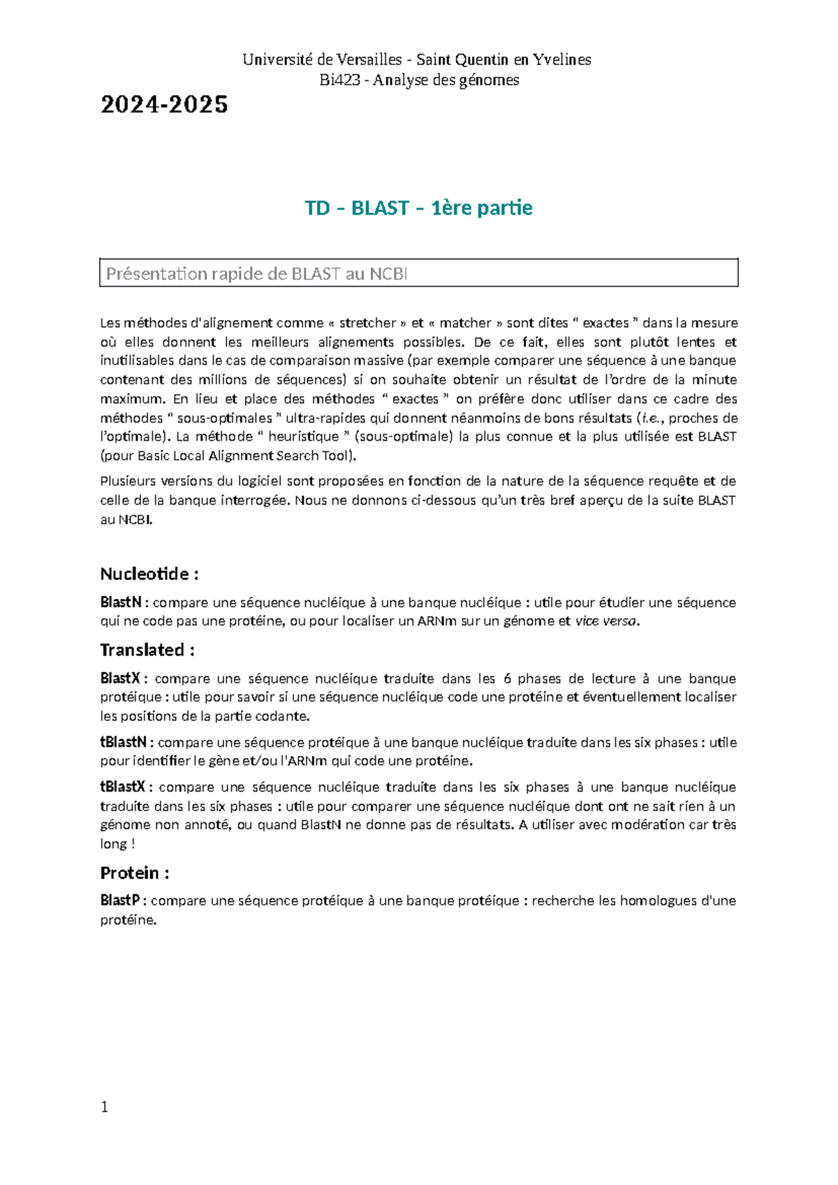 TD BLAST 1 - Bi423 Analyse des Génomes: Introduction à BLAST - Studocu