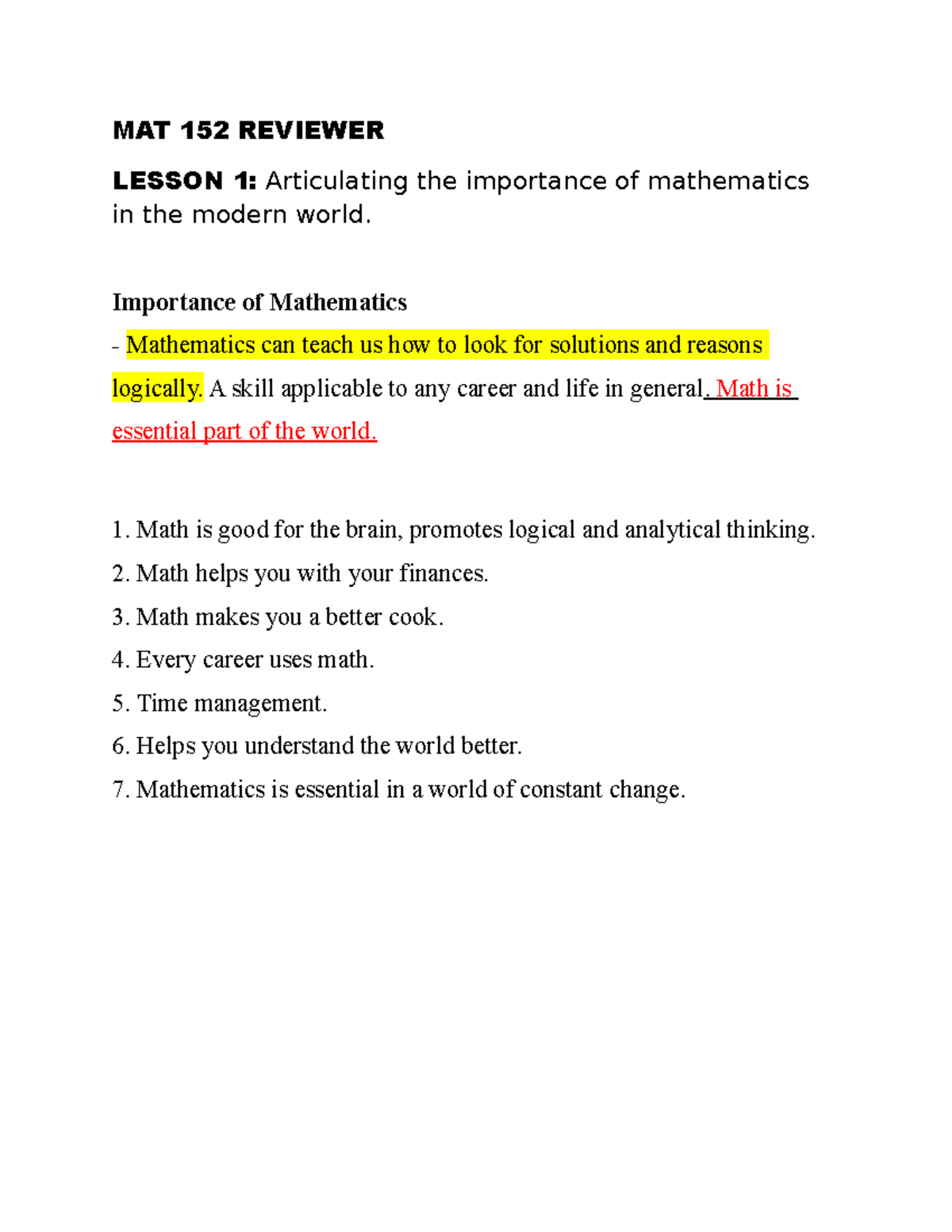 MAT 152 1st Sem Math Concepts: Review of Key Lessons - Studocu