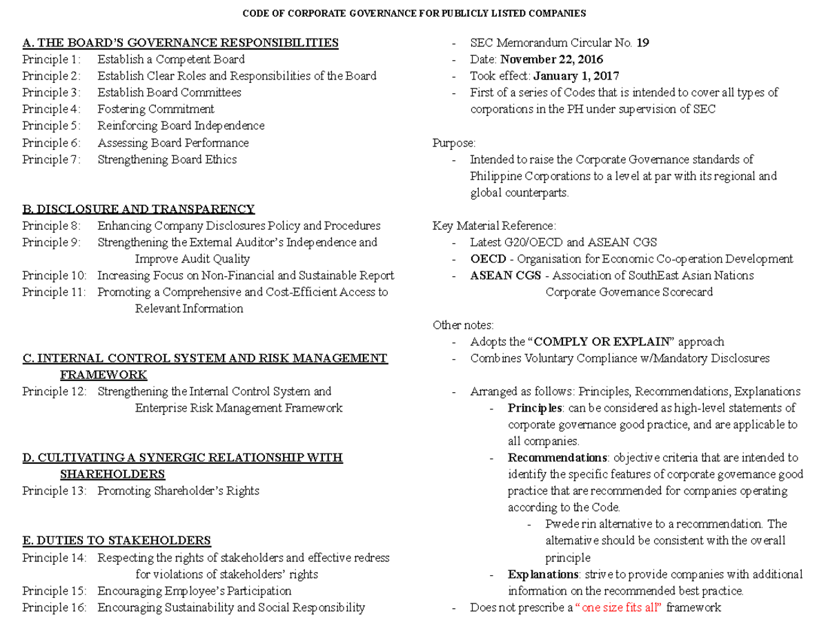Corporate Governance Code Summary for Publicly Listed Companies - Studocu