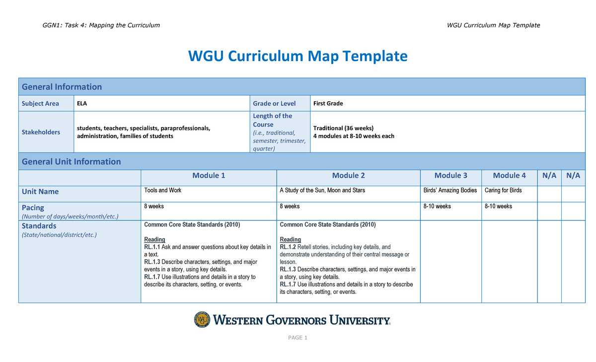 WGU ELA Curriculum Map for 1st Grade: Tools and Celestial Studies - Studocu