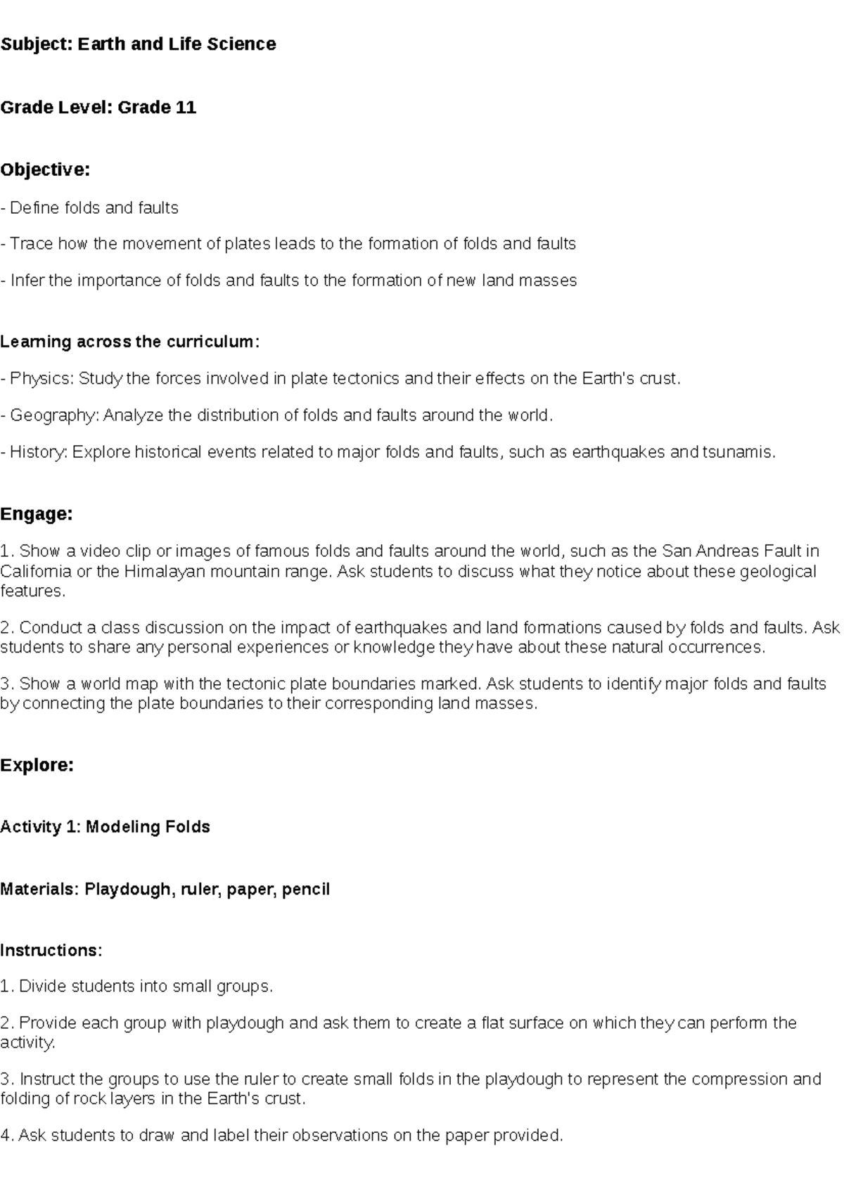 Lesson Plan: Folds and Faults in Earth Science (G11) - Studocu