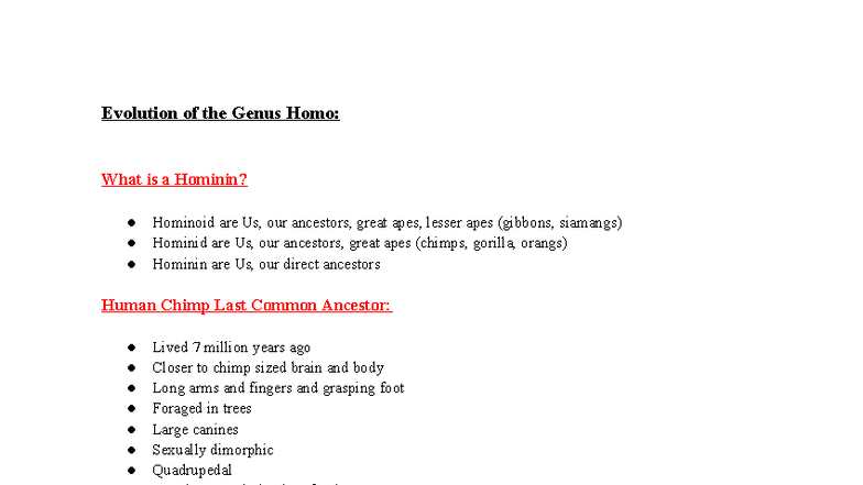Anthro Lecture 9: Evolution of the Genus Homo and Hominins - Studocu