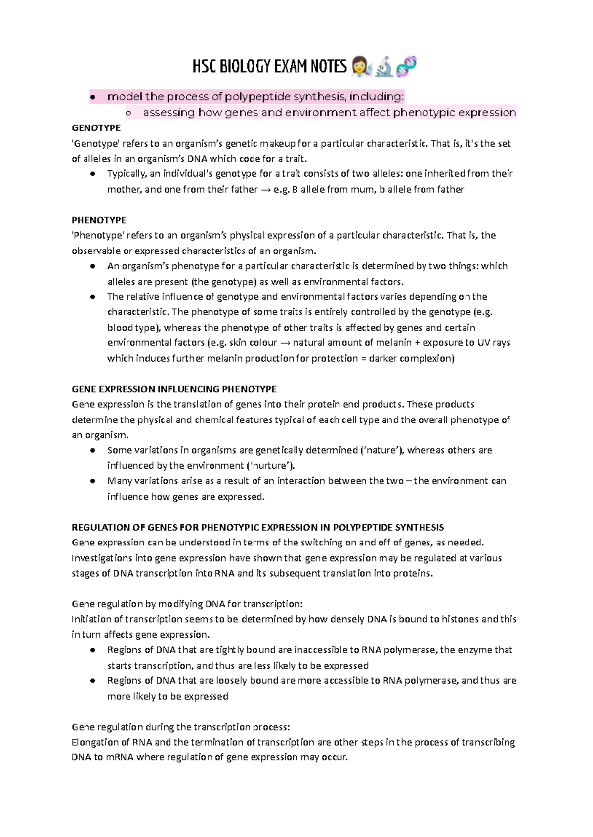 HSC BIOLOGY EXAM NOTES: Polypeptide Synthesis & Gene Expression - Studocu