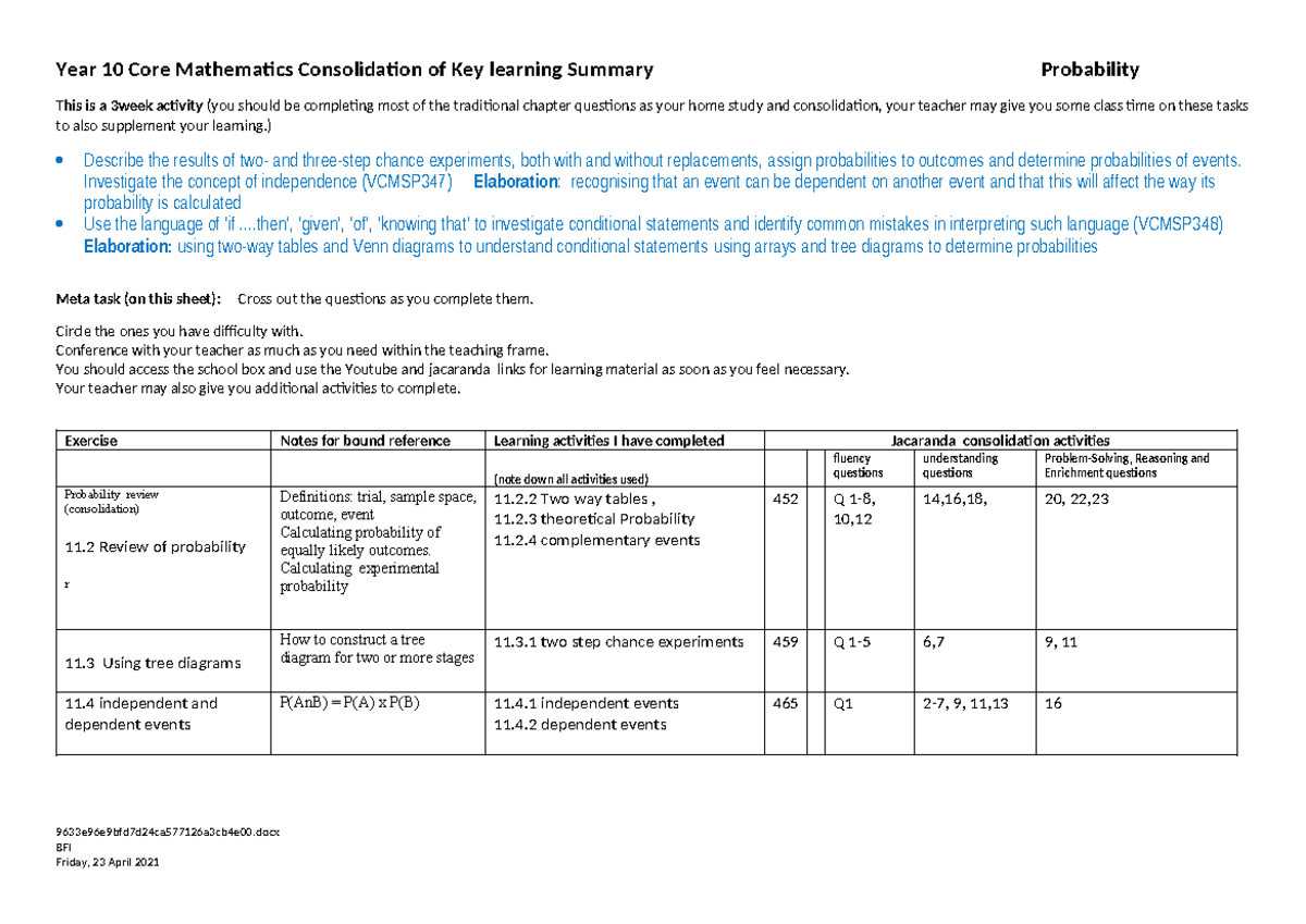 Year 10 Core Maths (VCMSP347) Summary: Probability Consolidation - Studocu