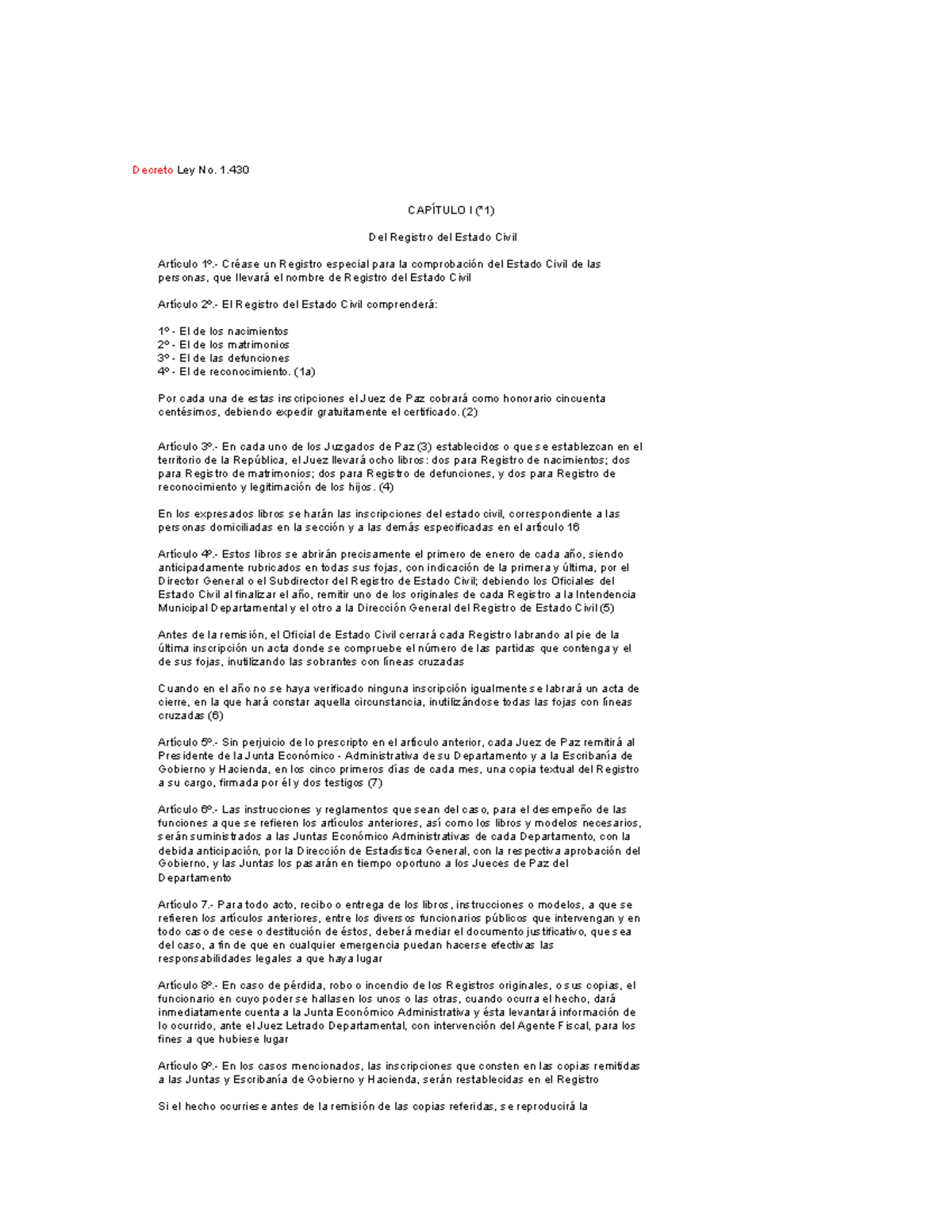 Decreto Ley No. 1.430: Registro del Estado Civil y sus Disposiciones ...