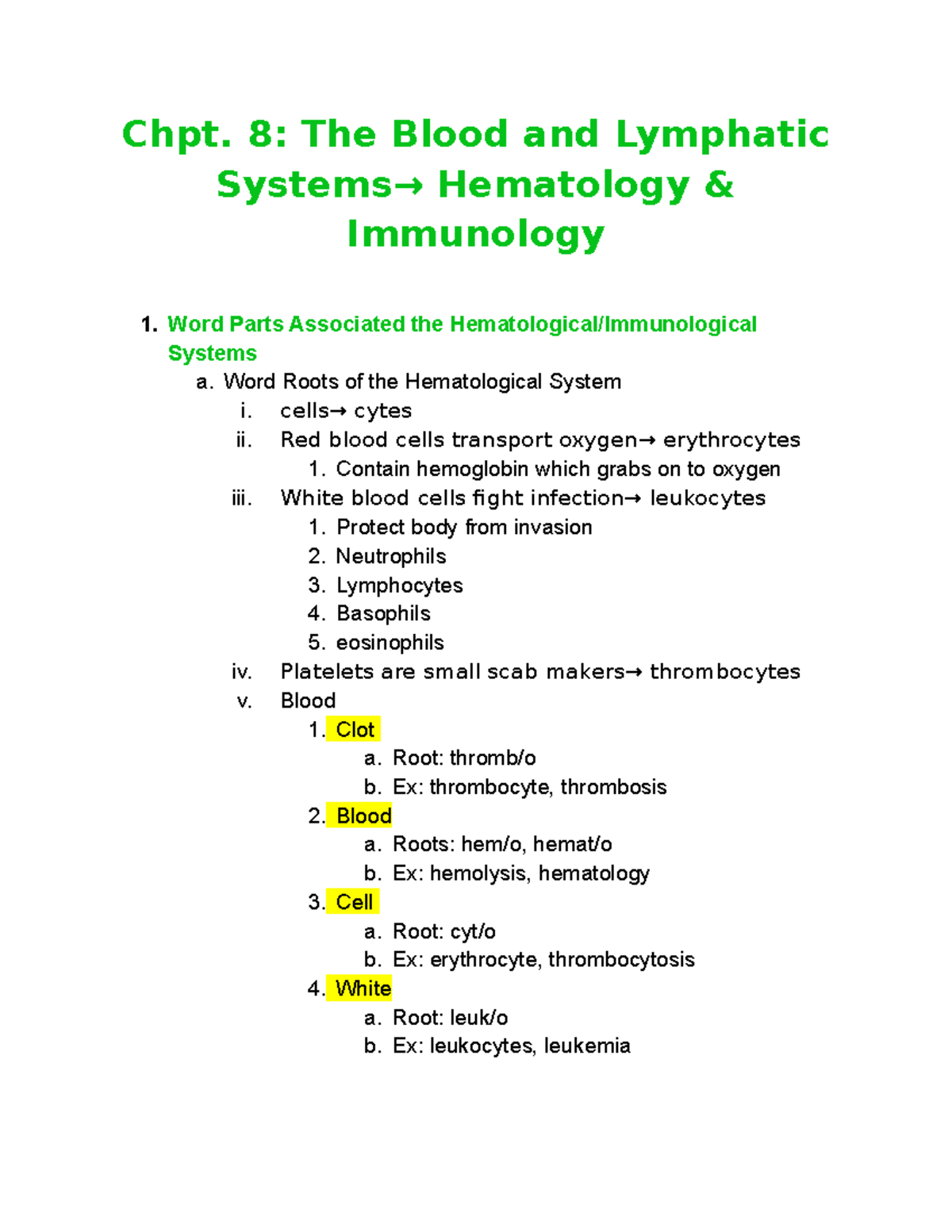 Medical terminologies Chpt 8 notes - Chpt. 8: The Blood and Lymphatic ...