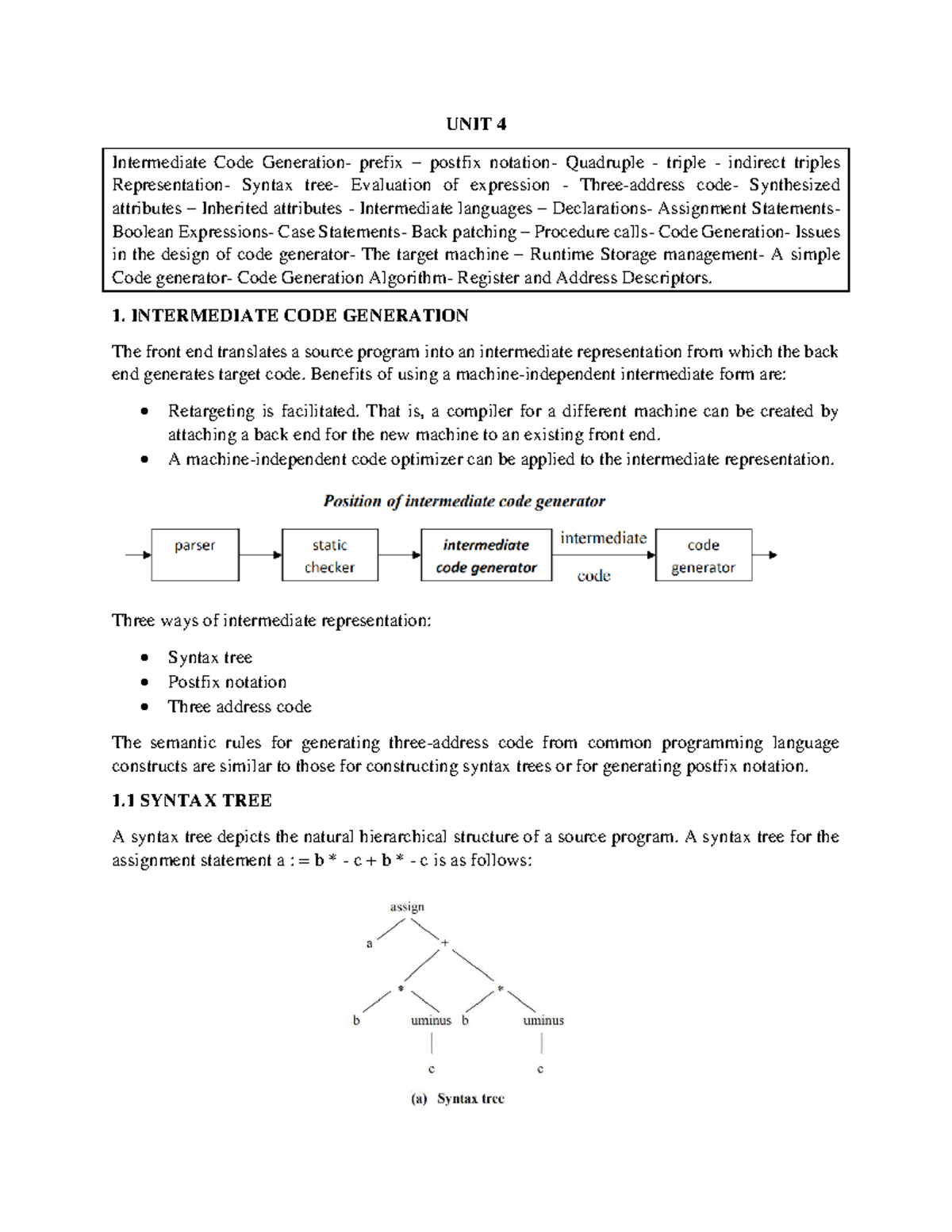 UNIT 4 Lecture Notes: Intermediate Code Generation and Syntax Analysis ...