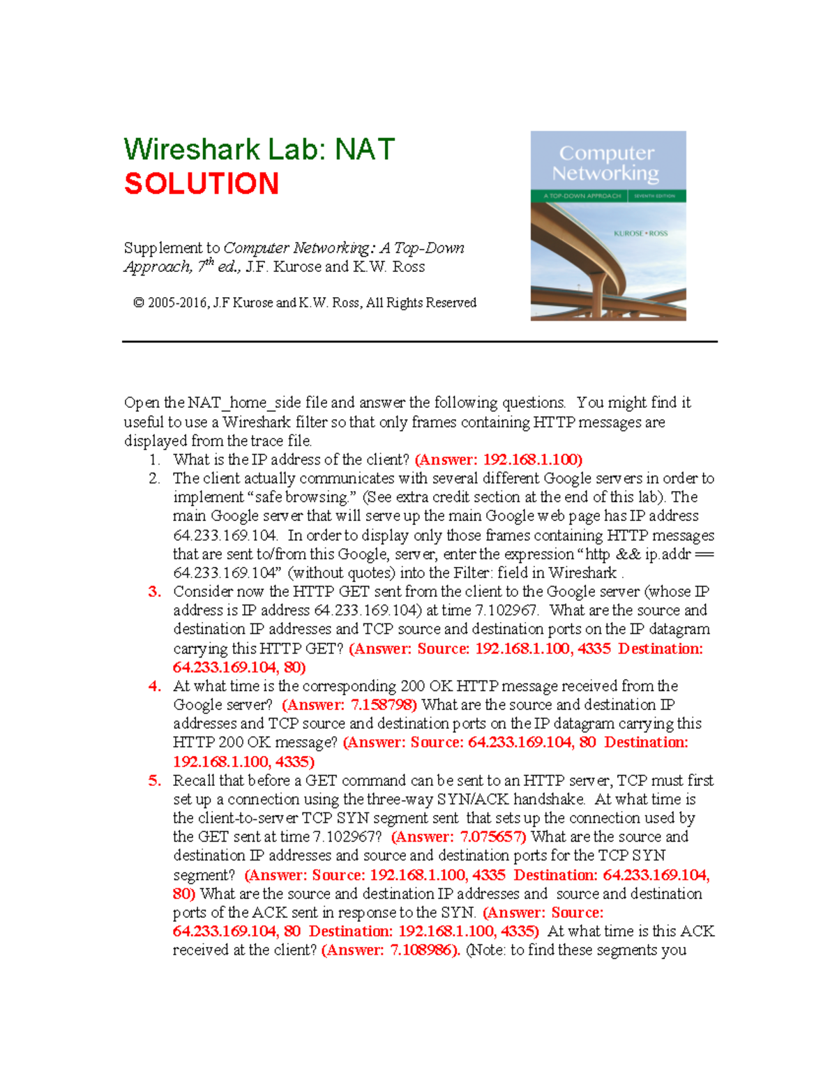 Wireshark Lab Nat V80 Solution Wireshark Lab Nat Solution Supplement To Computer Networking