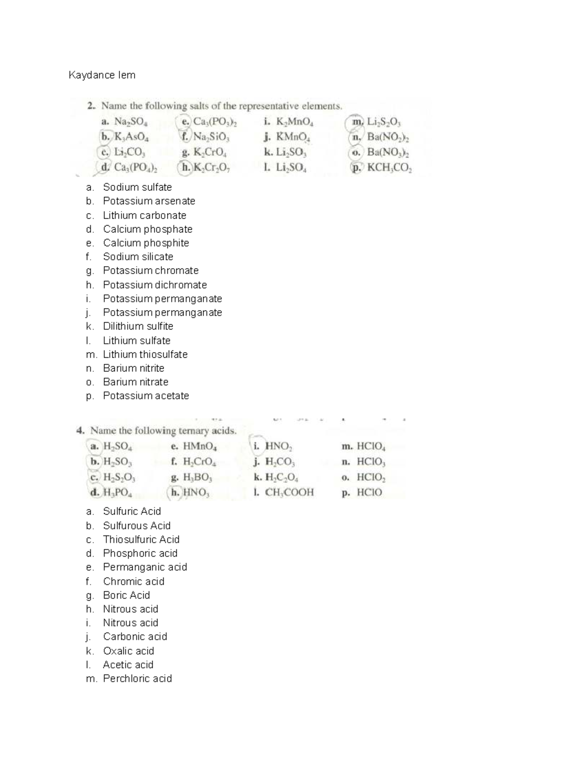 Chem Lab 2C: List of Common Compounds and Acids - Studocu