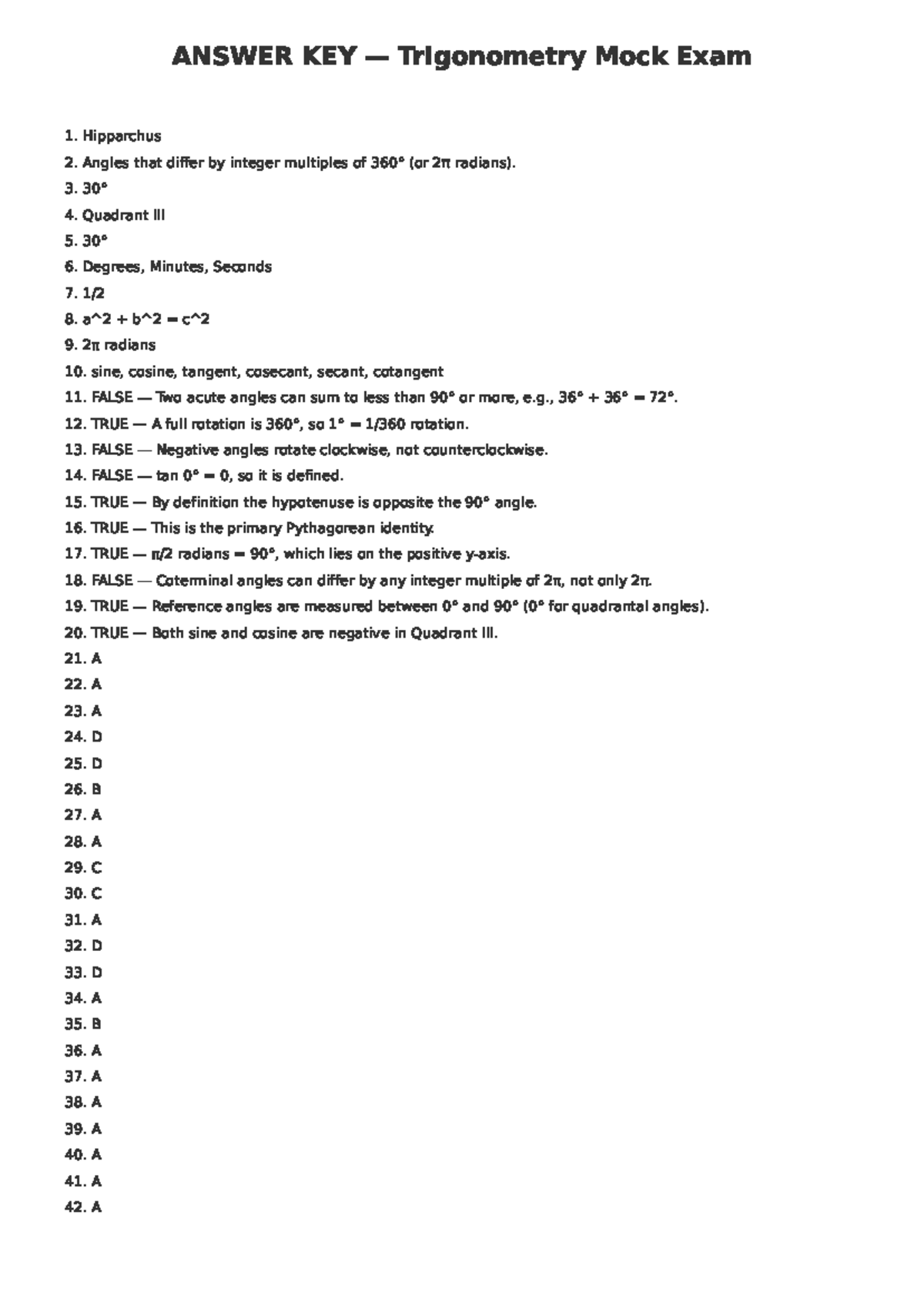 Trigonometry Mock Exam 1 Answer Key (MATH 101) - Studocu