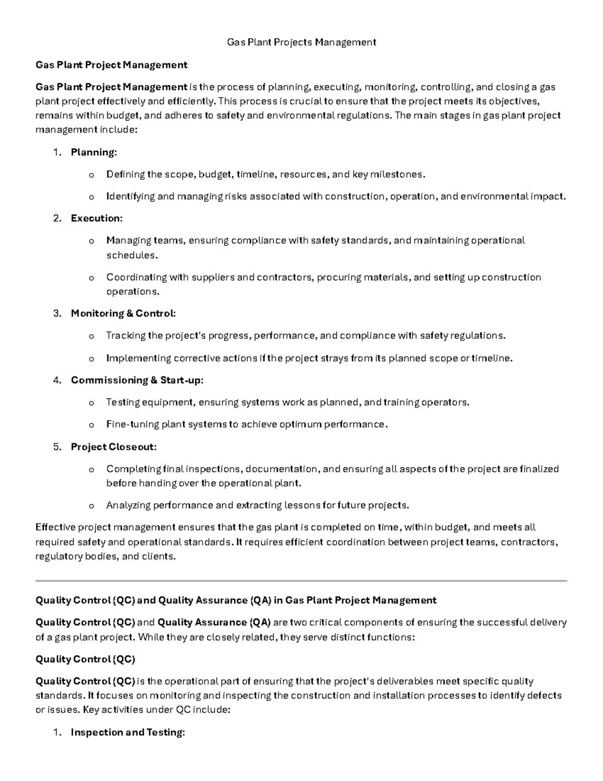 Gas Plant Project Management: Key Stages and Quality Control - Studocu