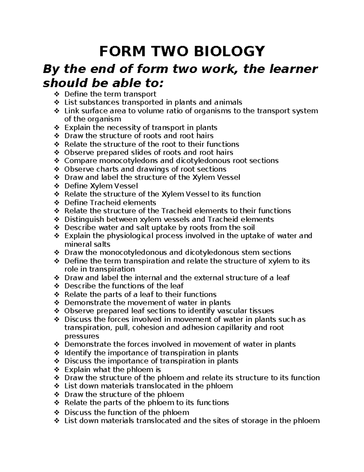 Biology Form 2 Comprehensive Notes on Plant Transportation Systems ...