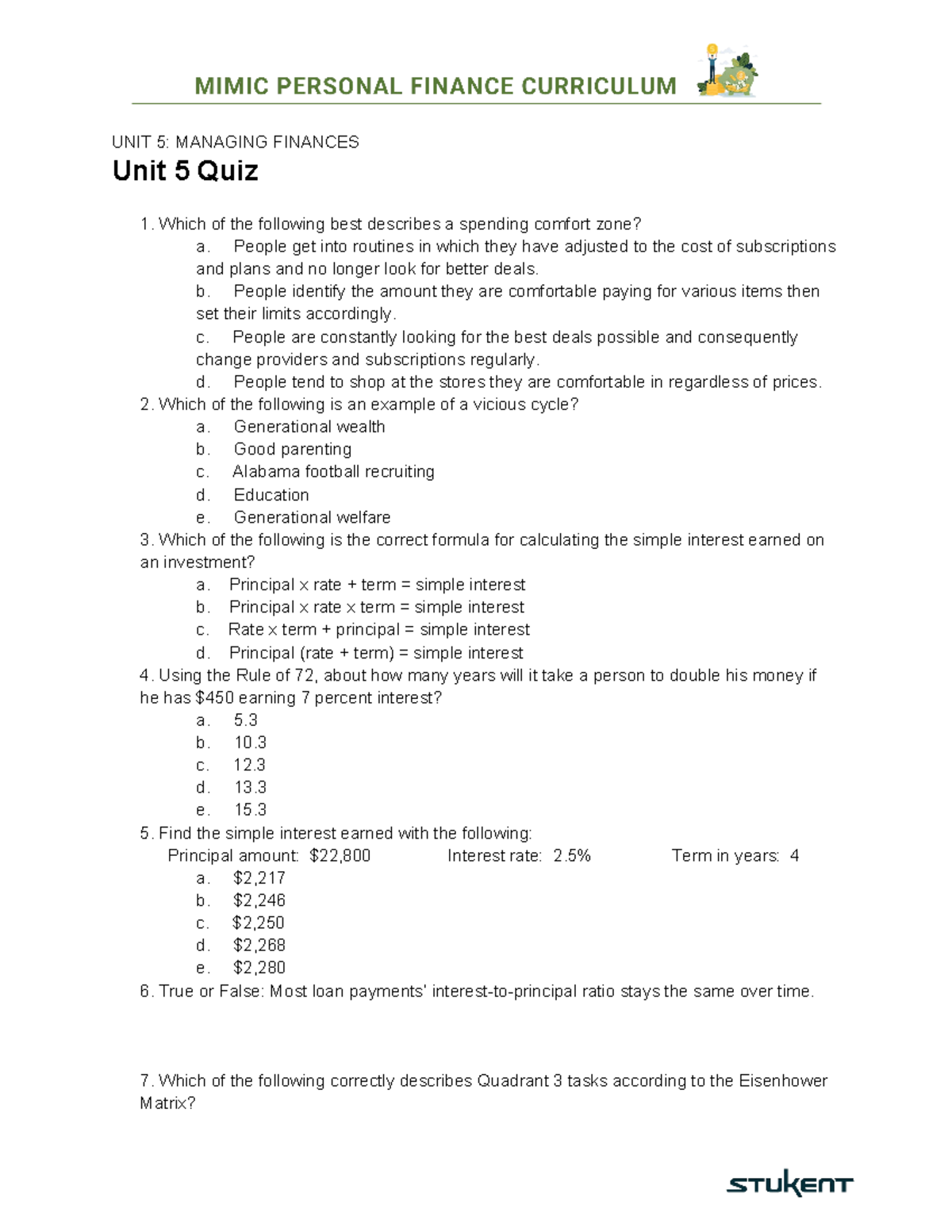 Unit 5 Quiz - Managing Finances Concepts and Questions - Studocu