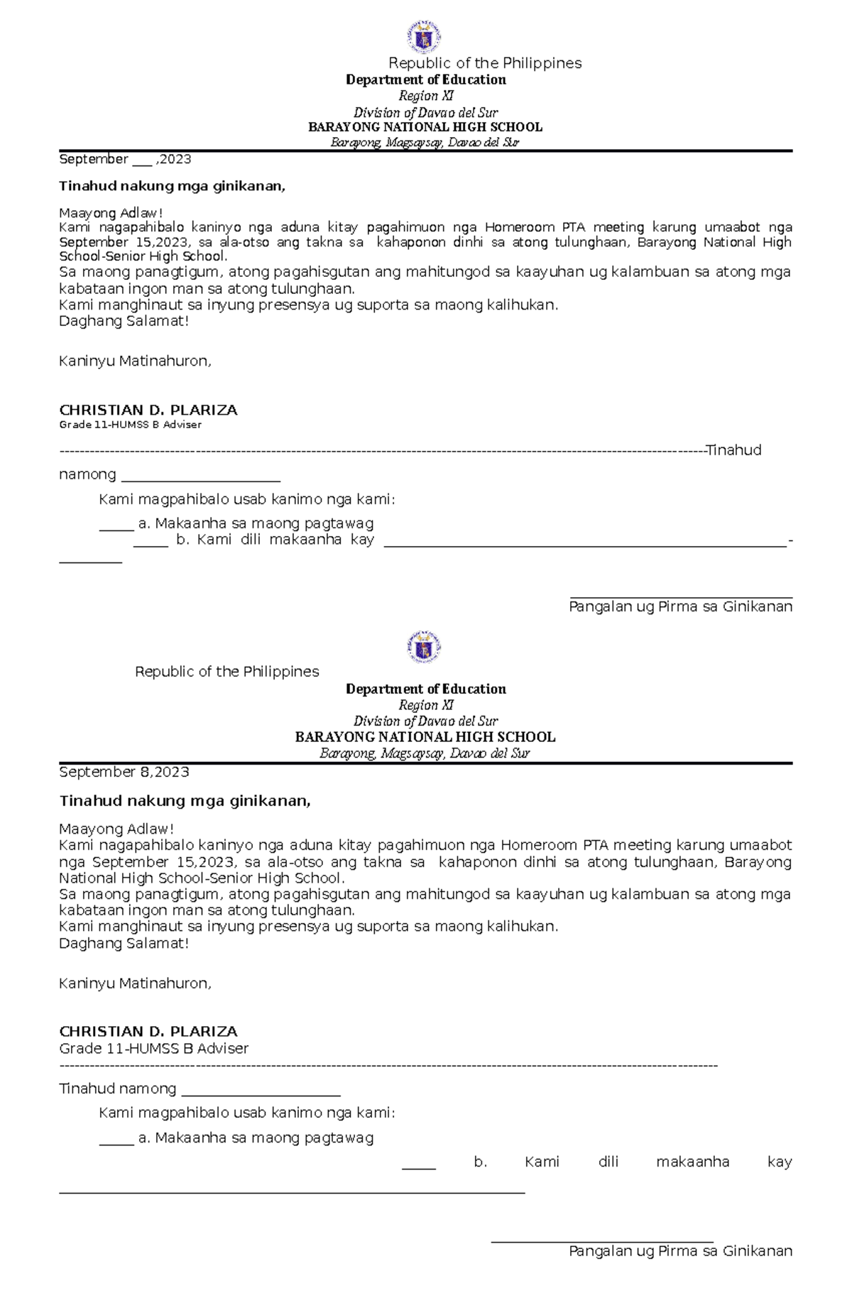 Homeroom PTA Meeting Notification for Parents - September 15, 2023 ...