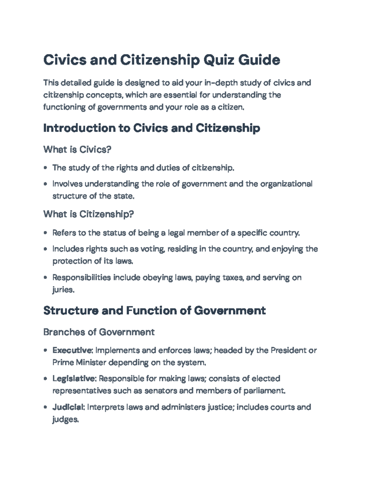 Civics and Citizenship Quiz Study Guide - Key Concepts and ...