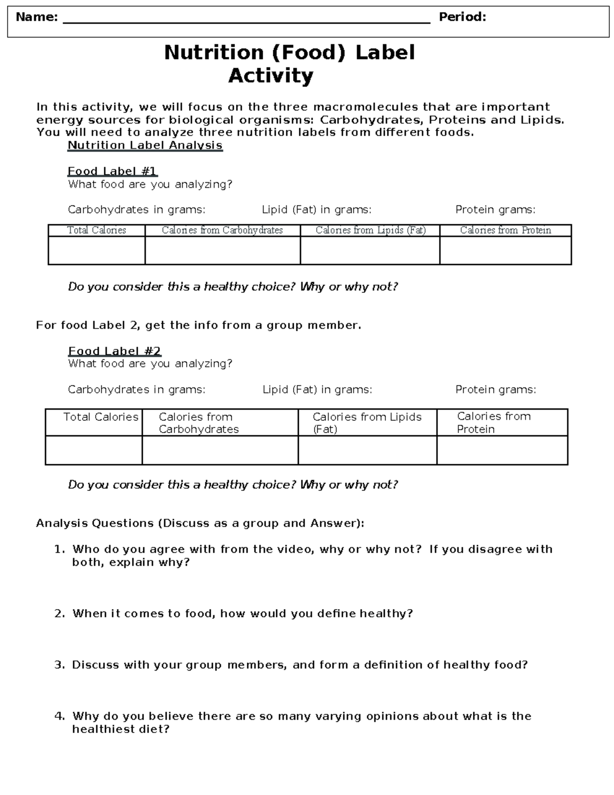 Nutrition Food Label Analysis Activity - Understanding Macromolecules ...