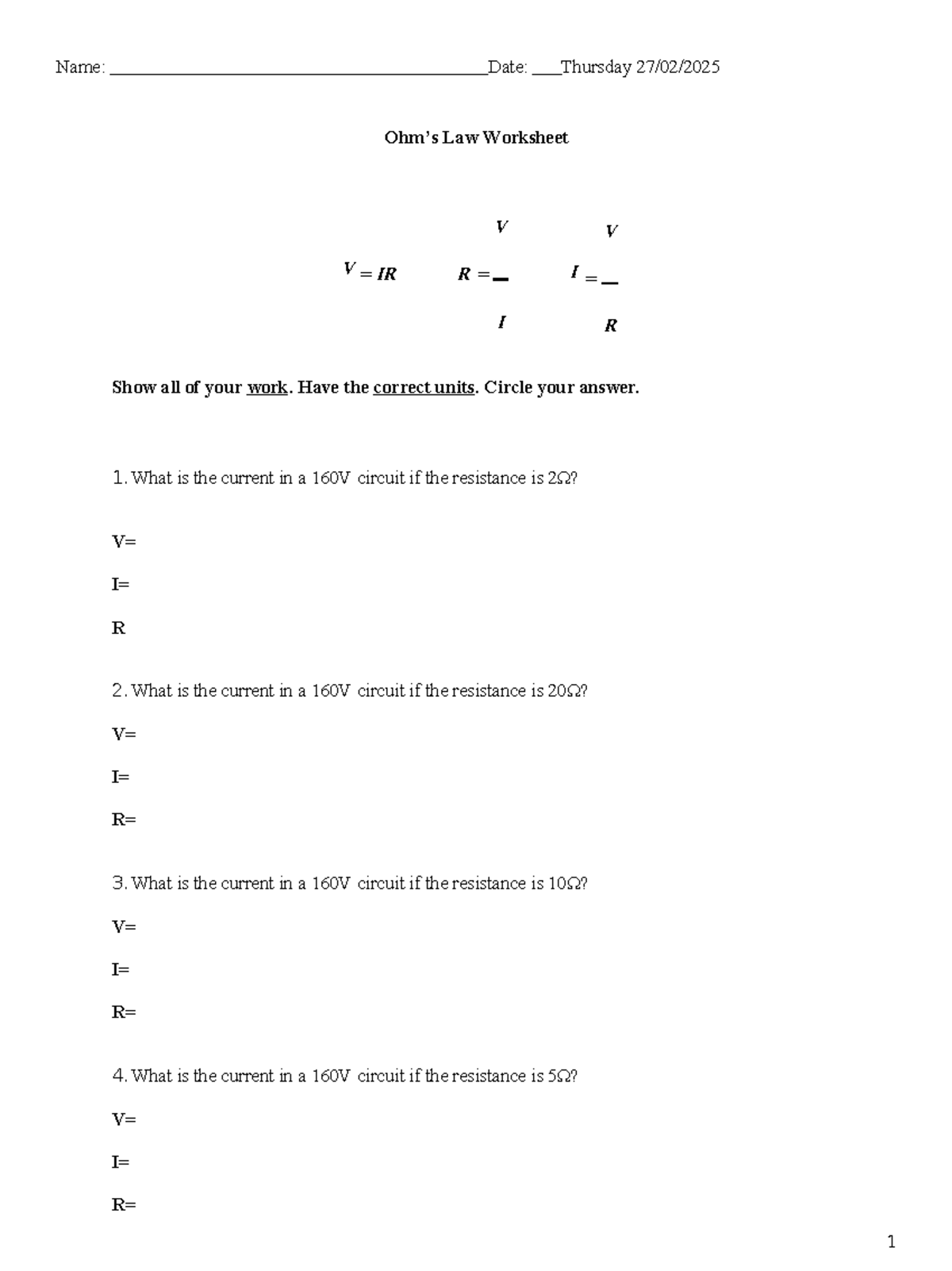 Grade 9 Ohm's Law Worksheet: Solving Current & Resistance Problems ...