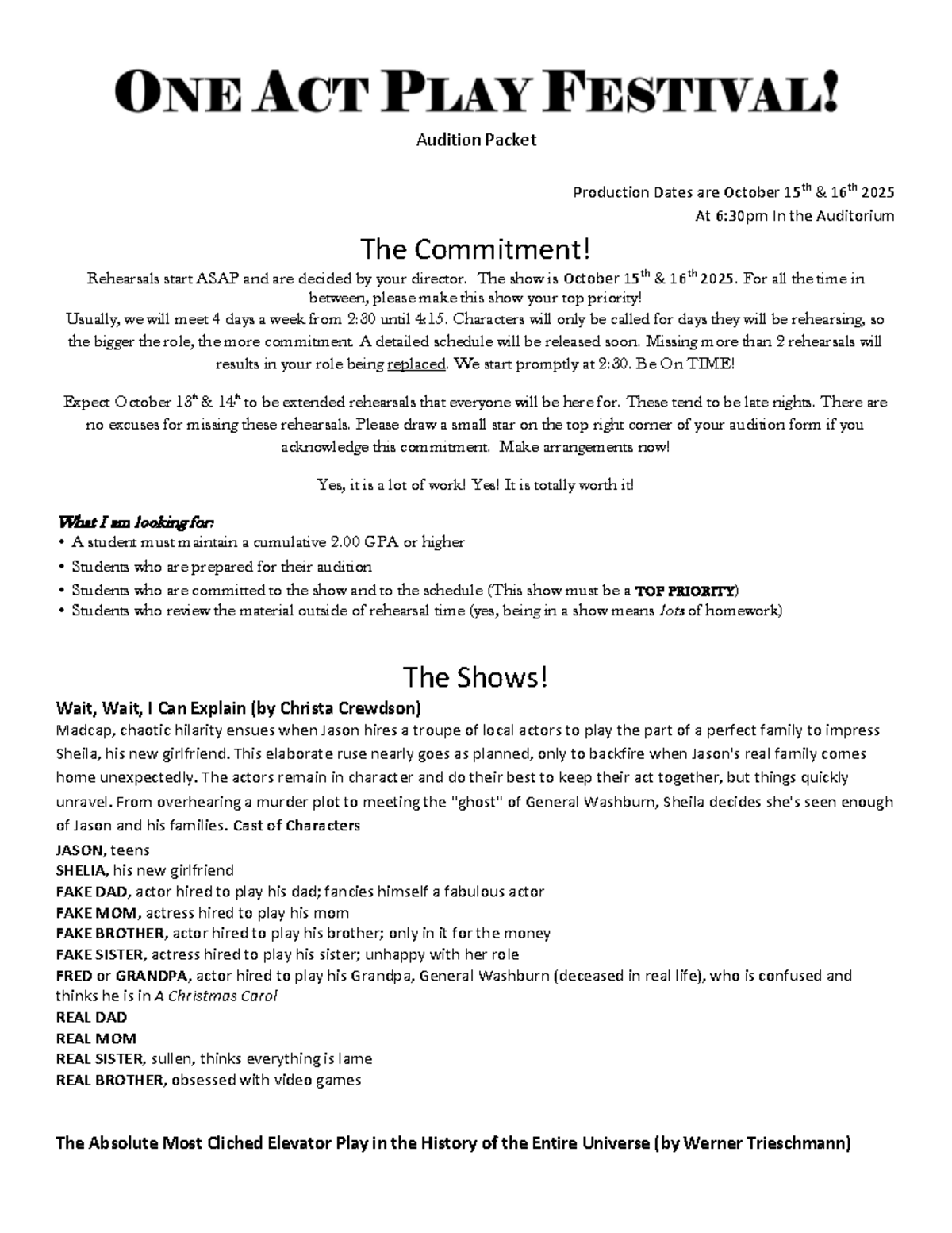 One Act Audition Packet 2025: Commitment & Rehearsal Info - Studocu