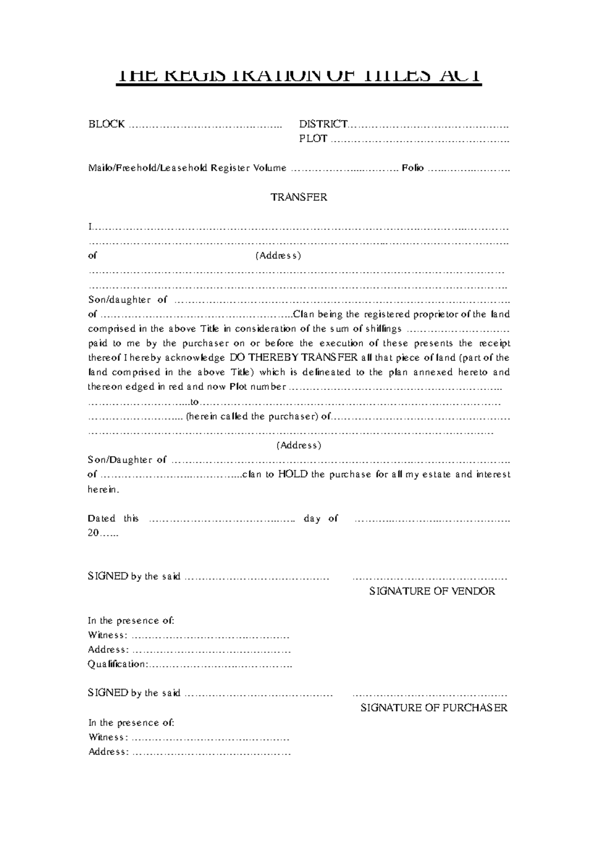 Land Transfer Forms 1 - Revision for Registration of Titles Act - Studocu
