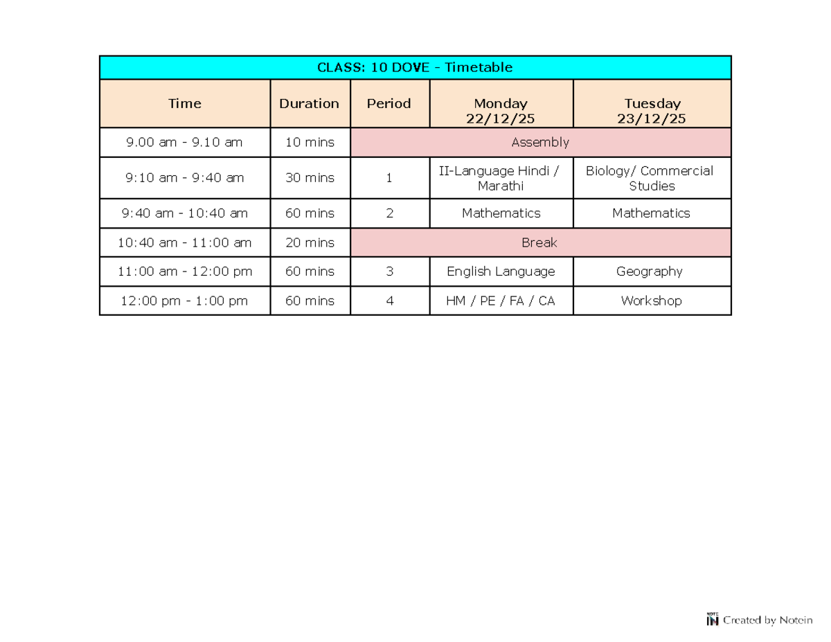 Parent Portal Grade 10 - Schedule for December - Timetable - English A ...
