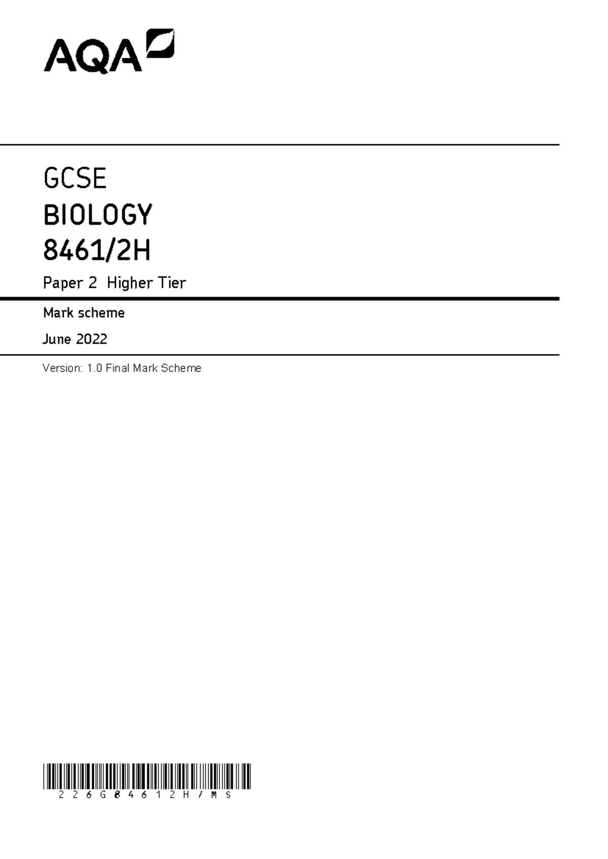 GCSE BIOLOGY Paper 2 Higher Tier Mark Scheme June 2022 - Studocu