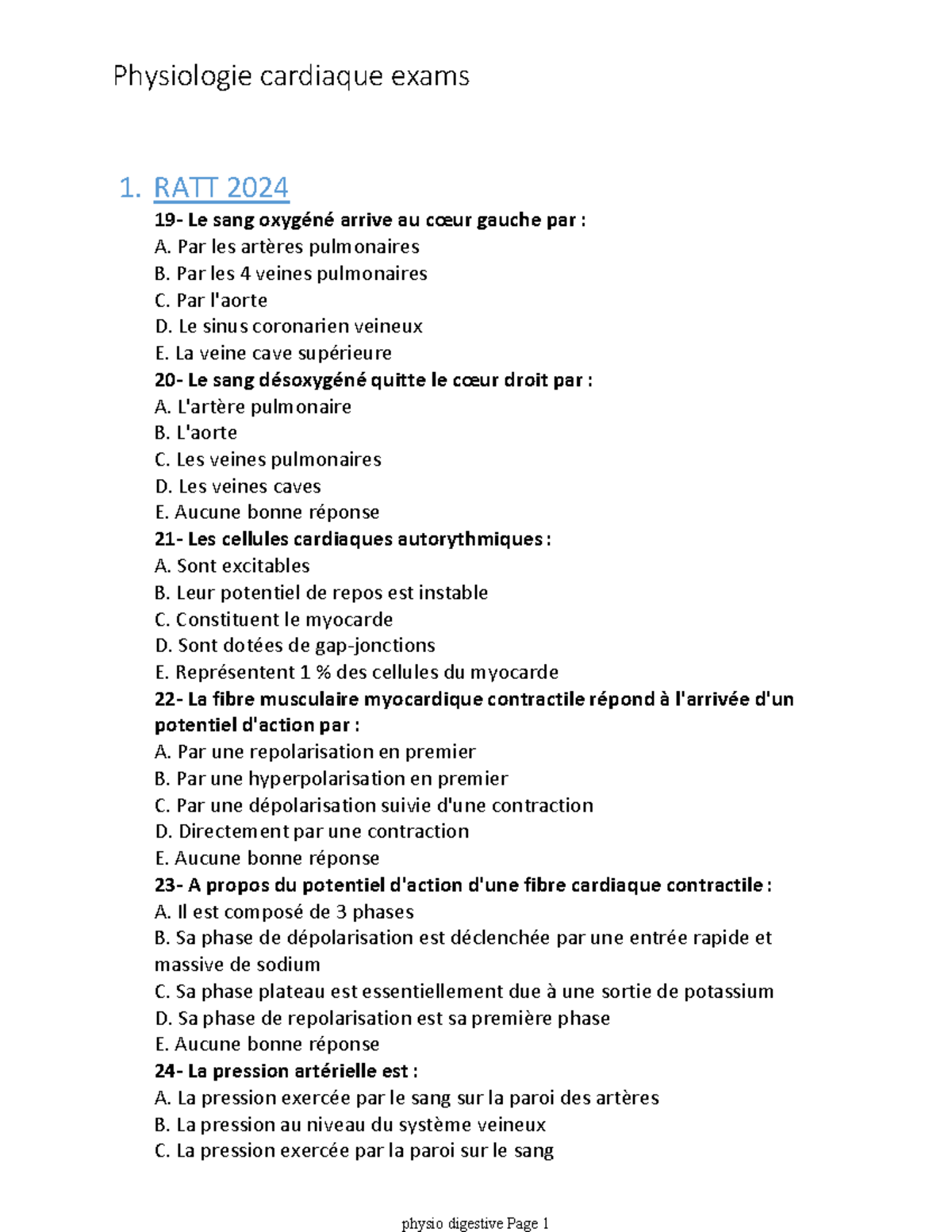 Examen 1 de Physiologie Cardiaque - RATT 2024 - Studocu