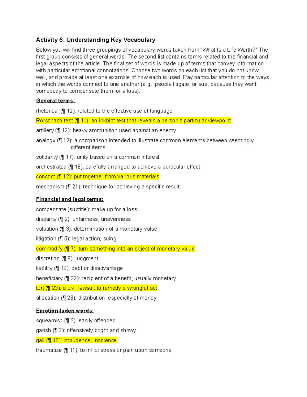 Value of Life Ripley Activities - Activity 6: Understanding Key Vocabulary Below you will find ...