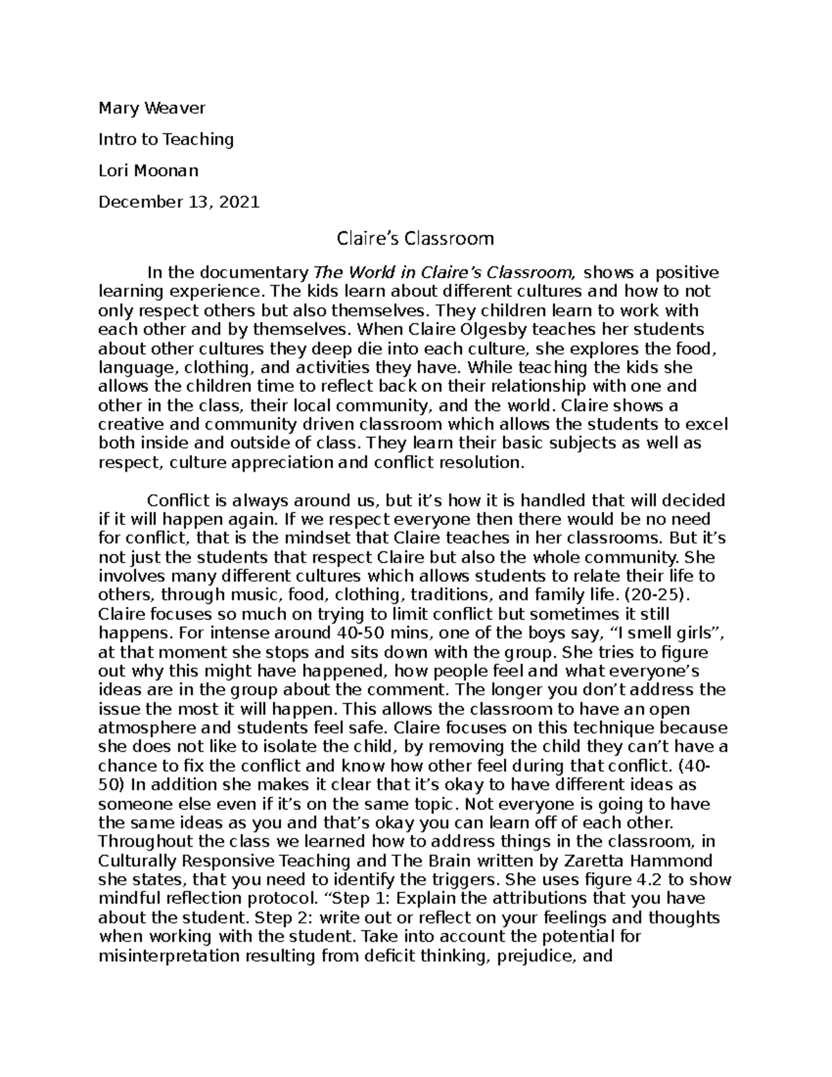 Claires Classroom - Movie Notes - Mary Weaver Intro to Teaching Lori ...