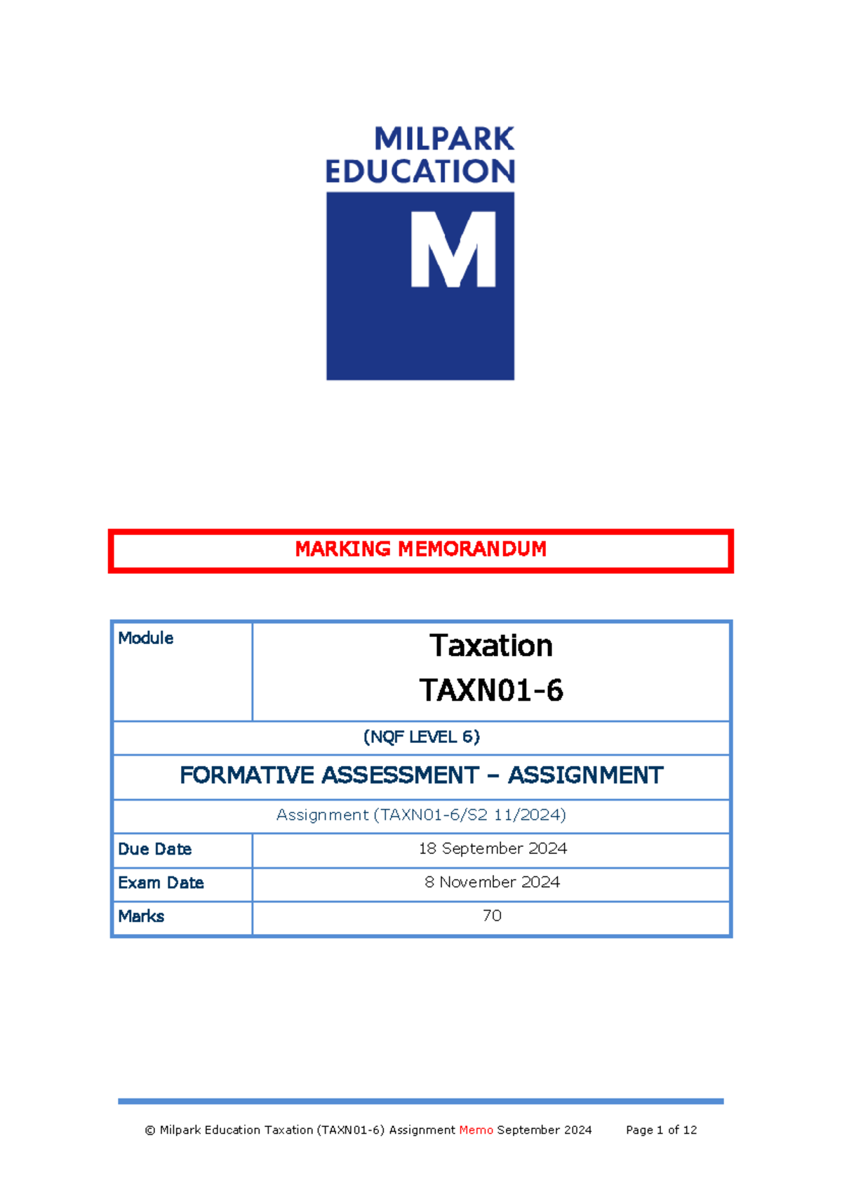 Taxation Module (NQF Level 6) Formative Assessment Memo - September ...
