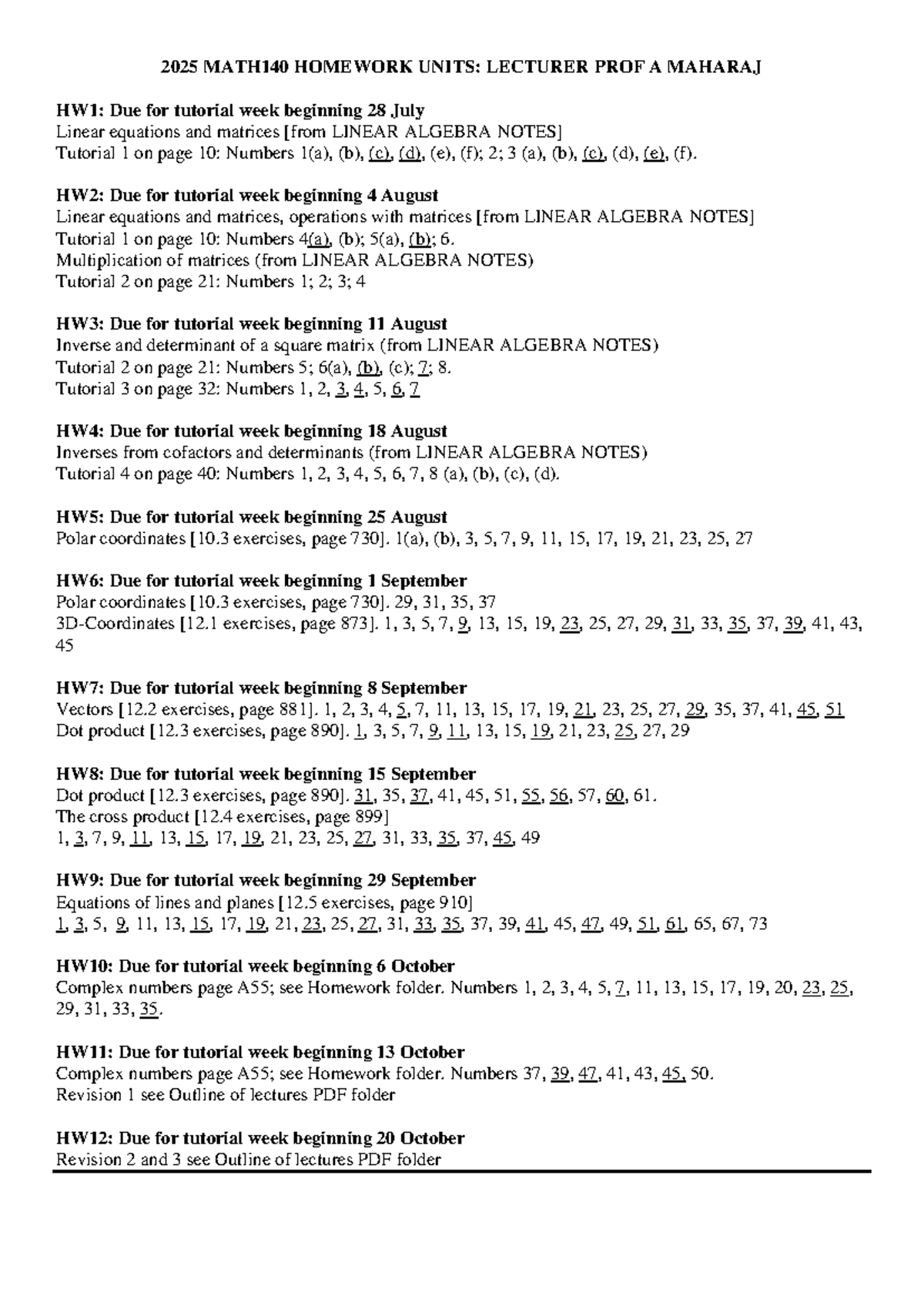 2025 MATH140 Homework Units: Linear Algebra & Exercises - Studocu