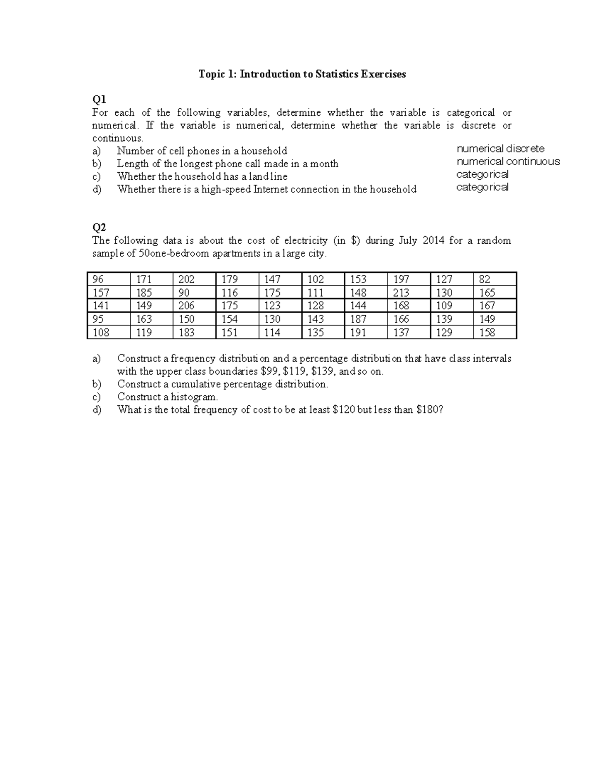Topic 1: Intro to Statistics Exercises & Data Analysis - Studocu