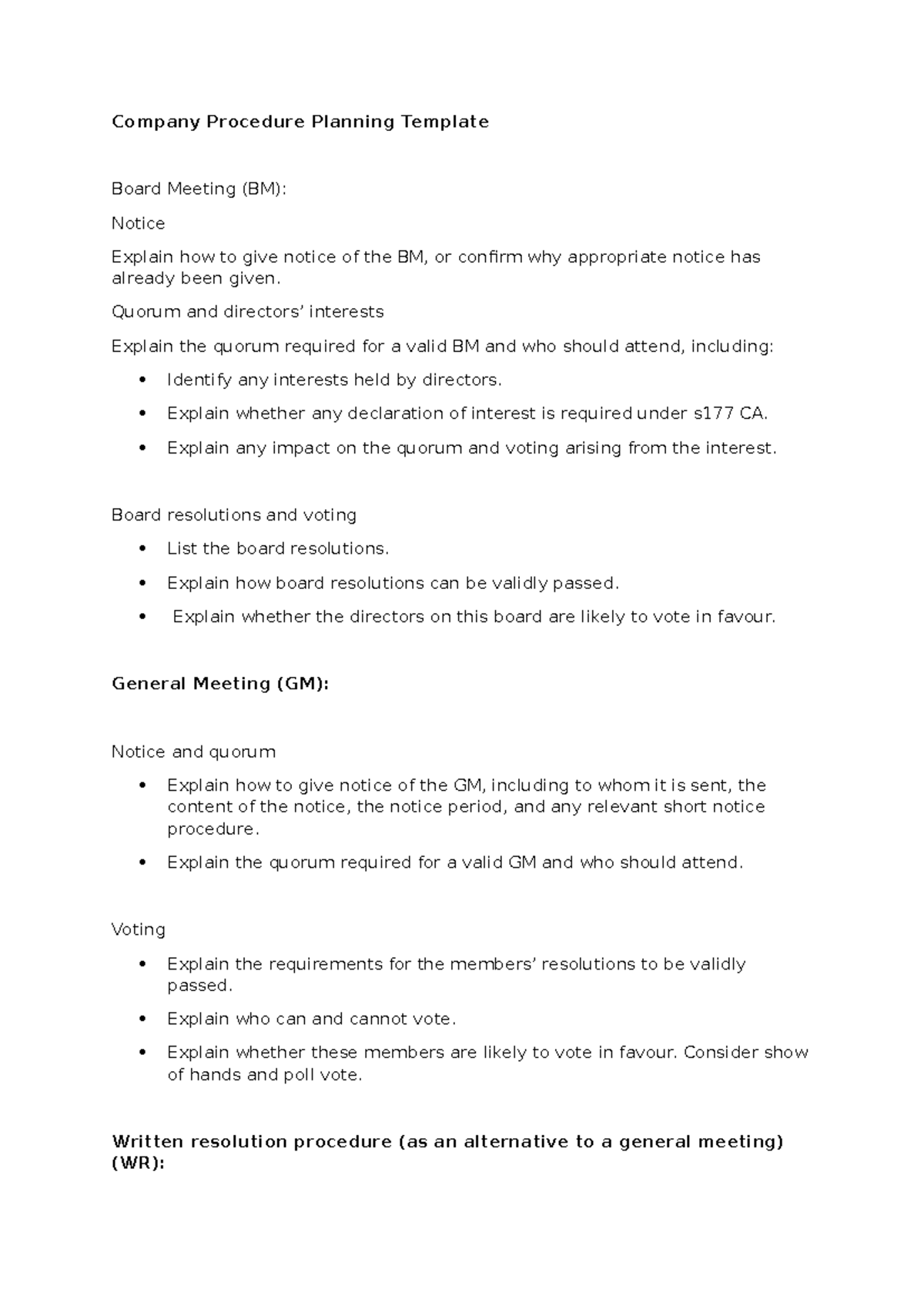 Company Procedure Planning Template: Board & General Meeting Guidelines ...