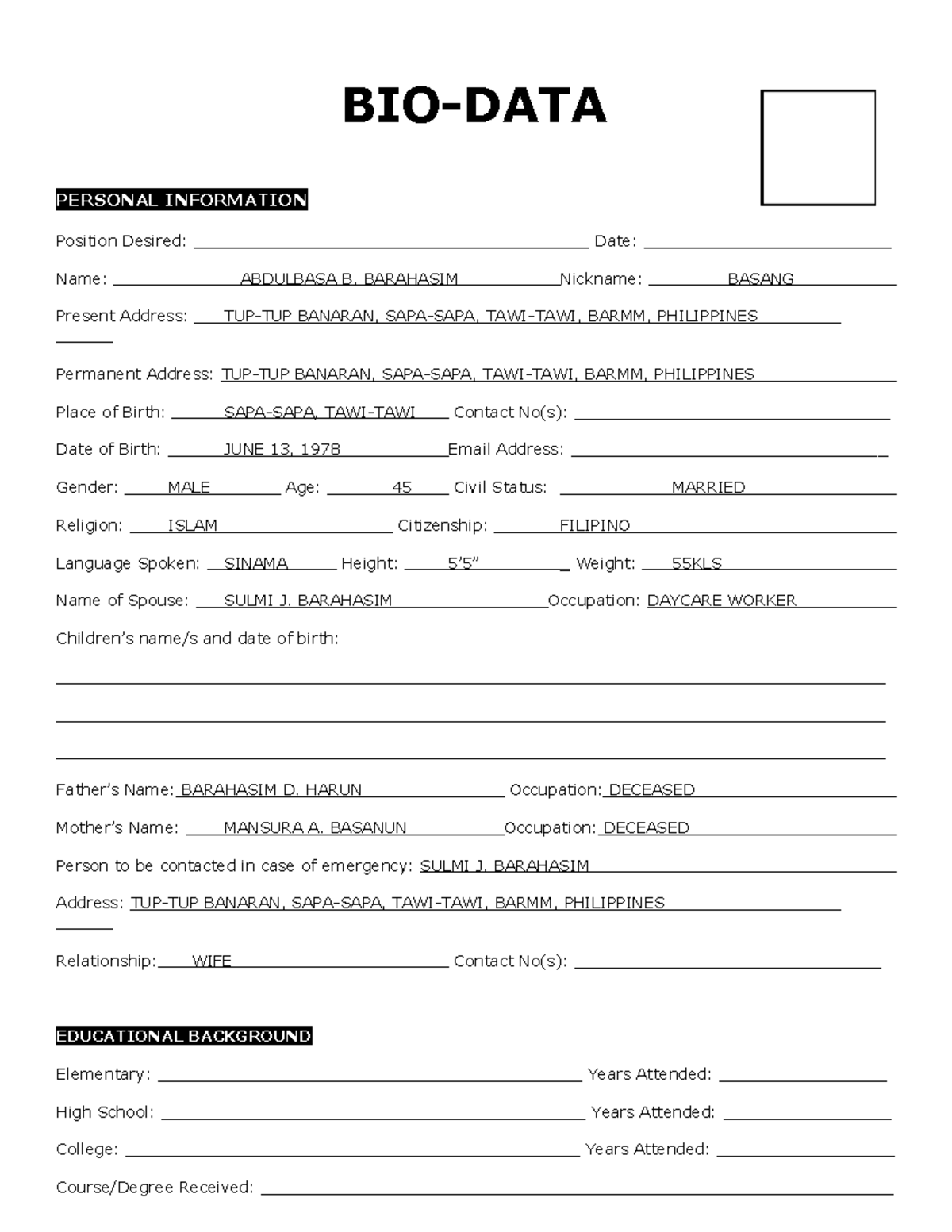 Biodata Template for Employment Applications – Philippines - Studocu