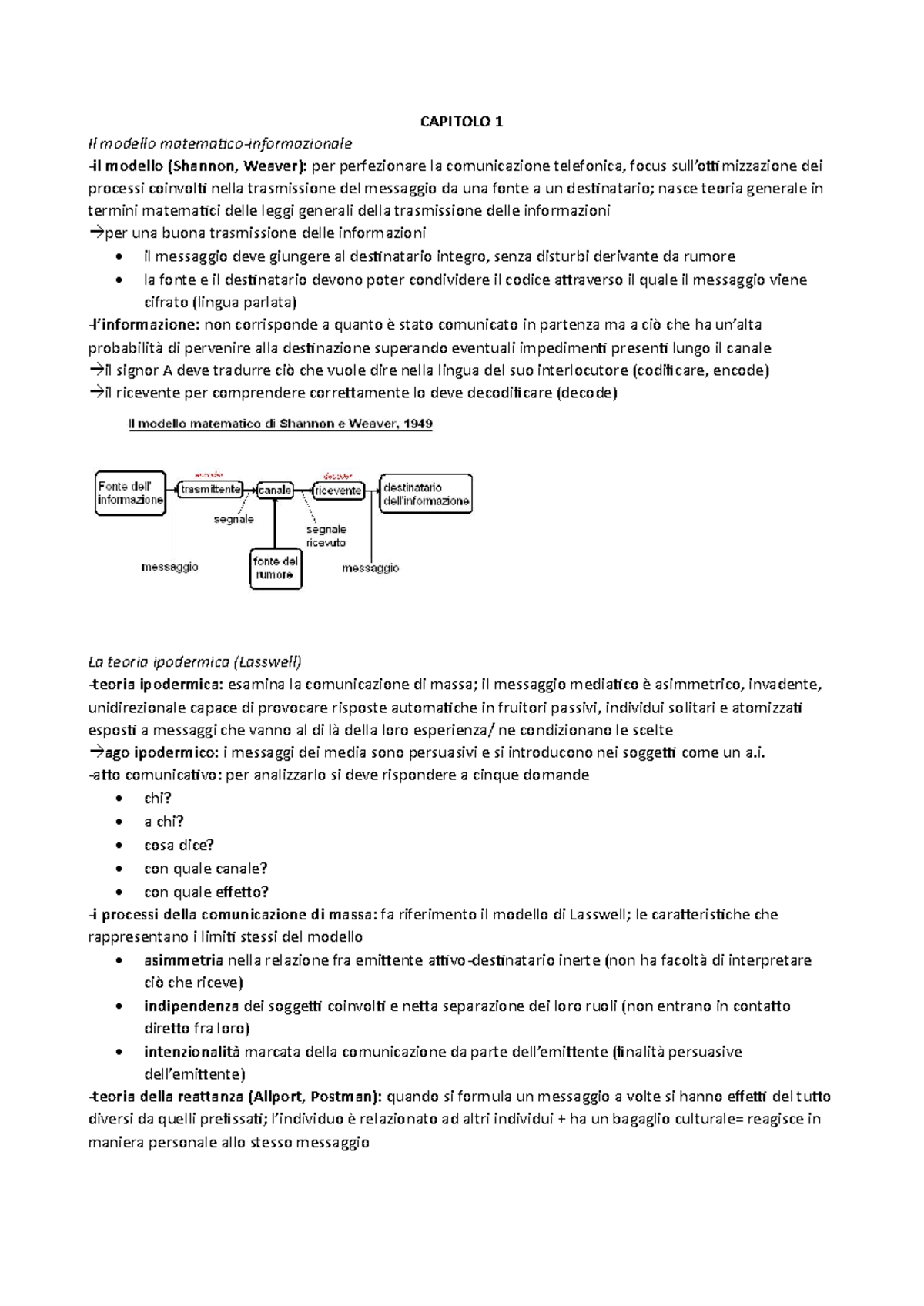 Psic comunicazione - CAPITOLO 1 Il modello matematico-informazionale il modello (Shannon, Weaver ...