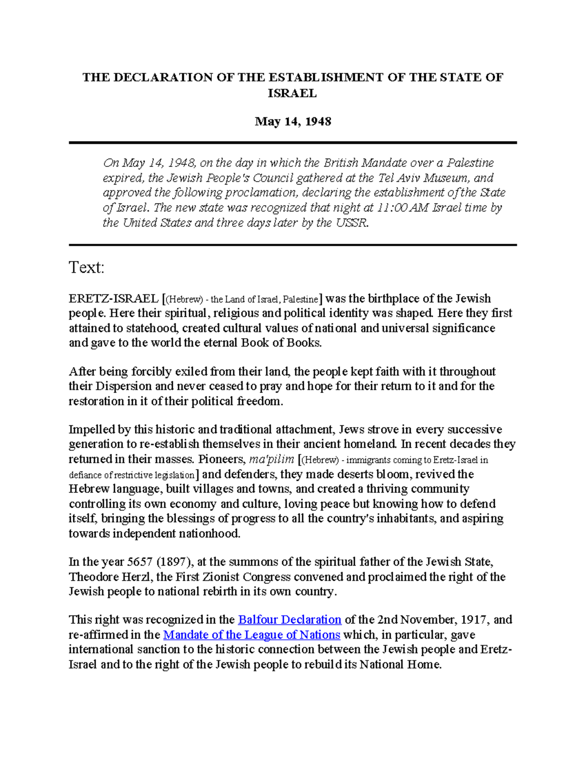 Declaration of Establishment of the State of Israel - May 14, 1948 ...