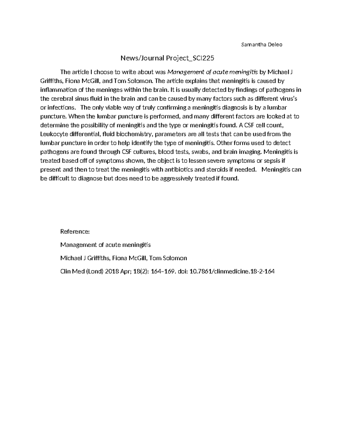 SCI 225 Journal Article Assignment: Management of Acute Meningitis ...
