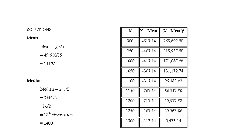 Statistical Solutions: Mean, Median, Mode, and Variance Analysis - Studocu
