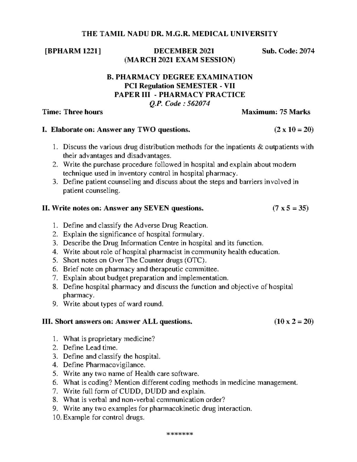 Pharmacy Practice - Question Papers [BPHARM 1221, BPHARM 0522, B 0323 ...